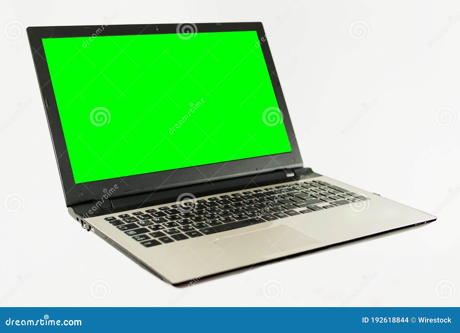 Laptop with a Green Screen Isolated on a White Background Stock Photo ...