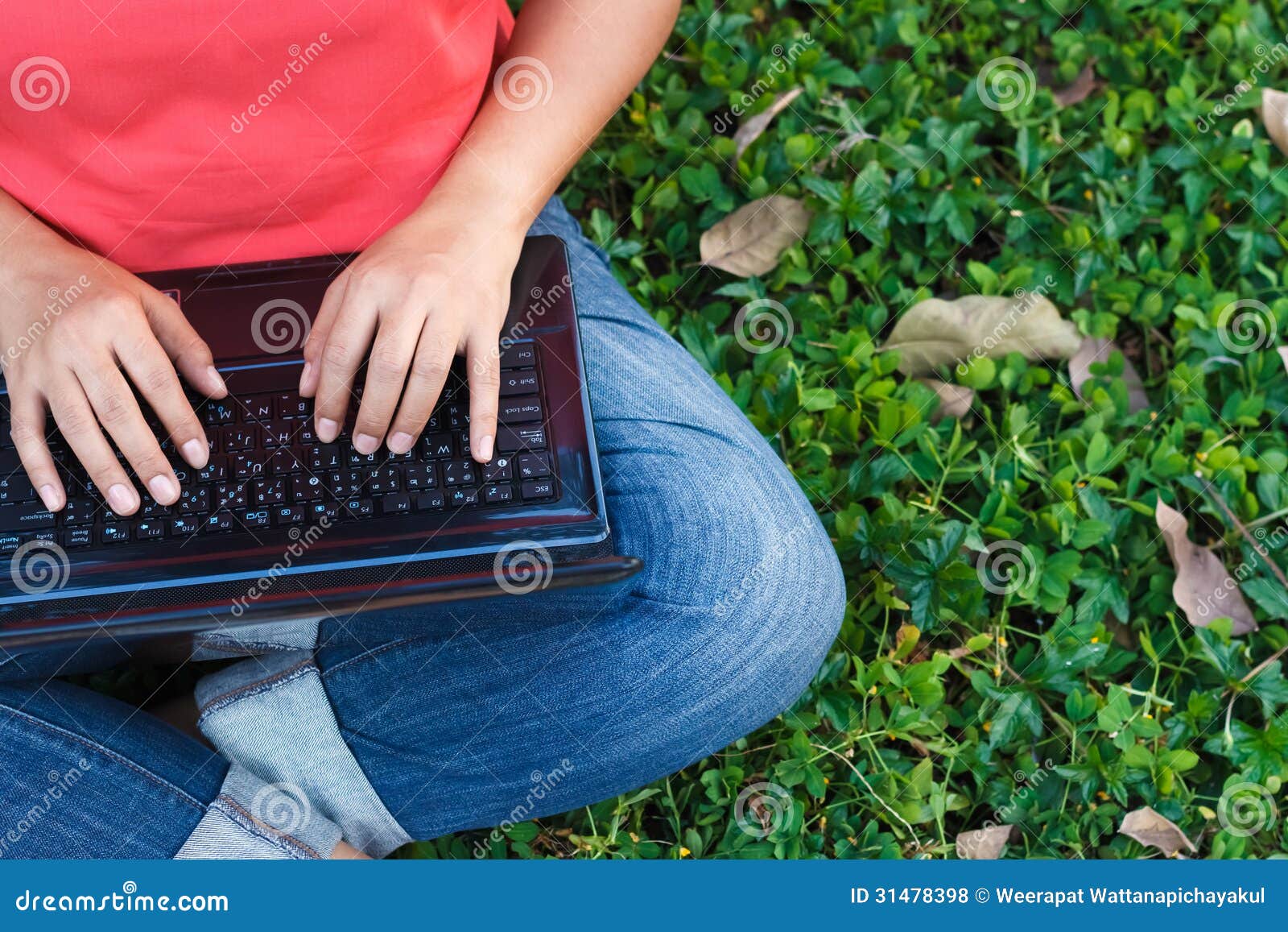 Laptop on the ground stock photo. Image of jeans, wireless - 31478398