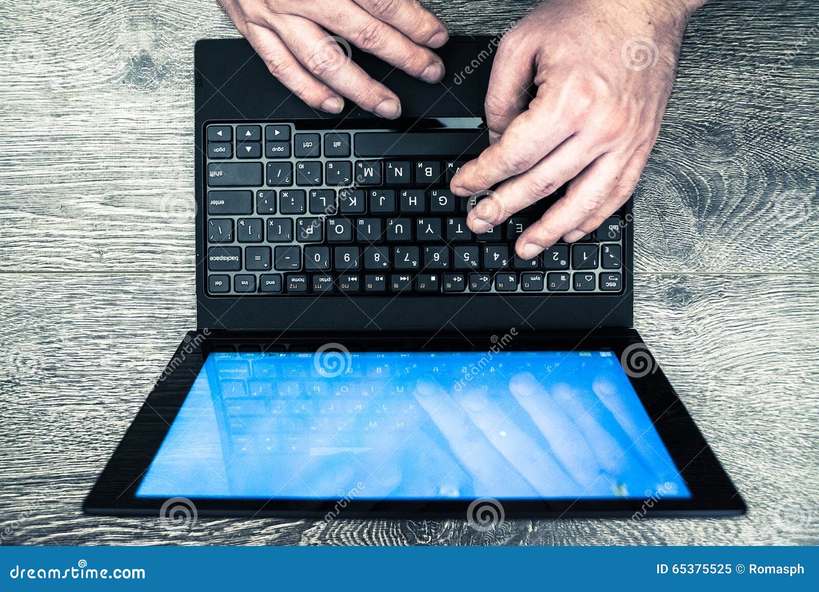 Laptop with hands on wood stock image. Image of laptop - 65375525