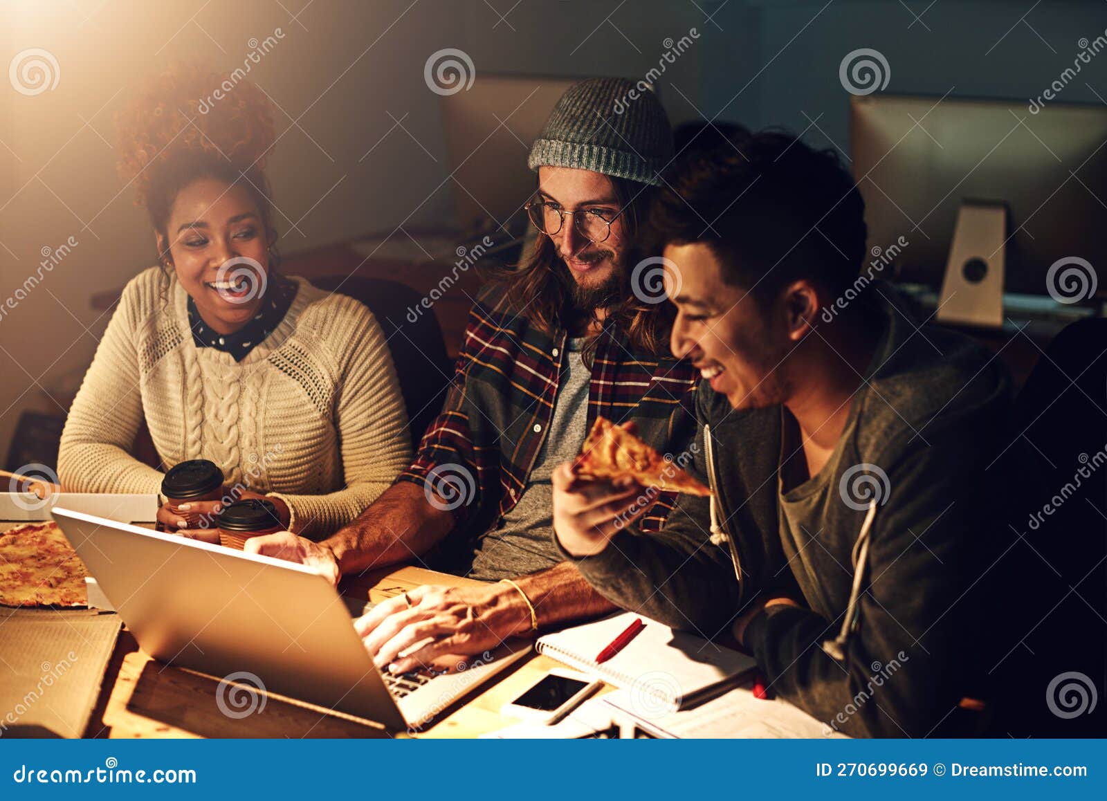 Laptop, Happy Collaboration and Night Team Programming ERP Software, Cyber Security System or ...