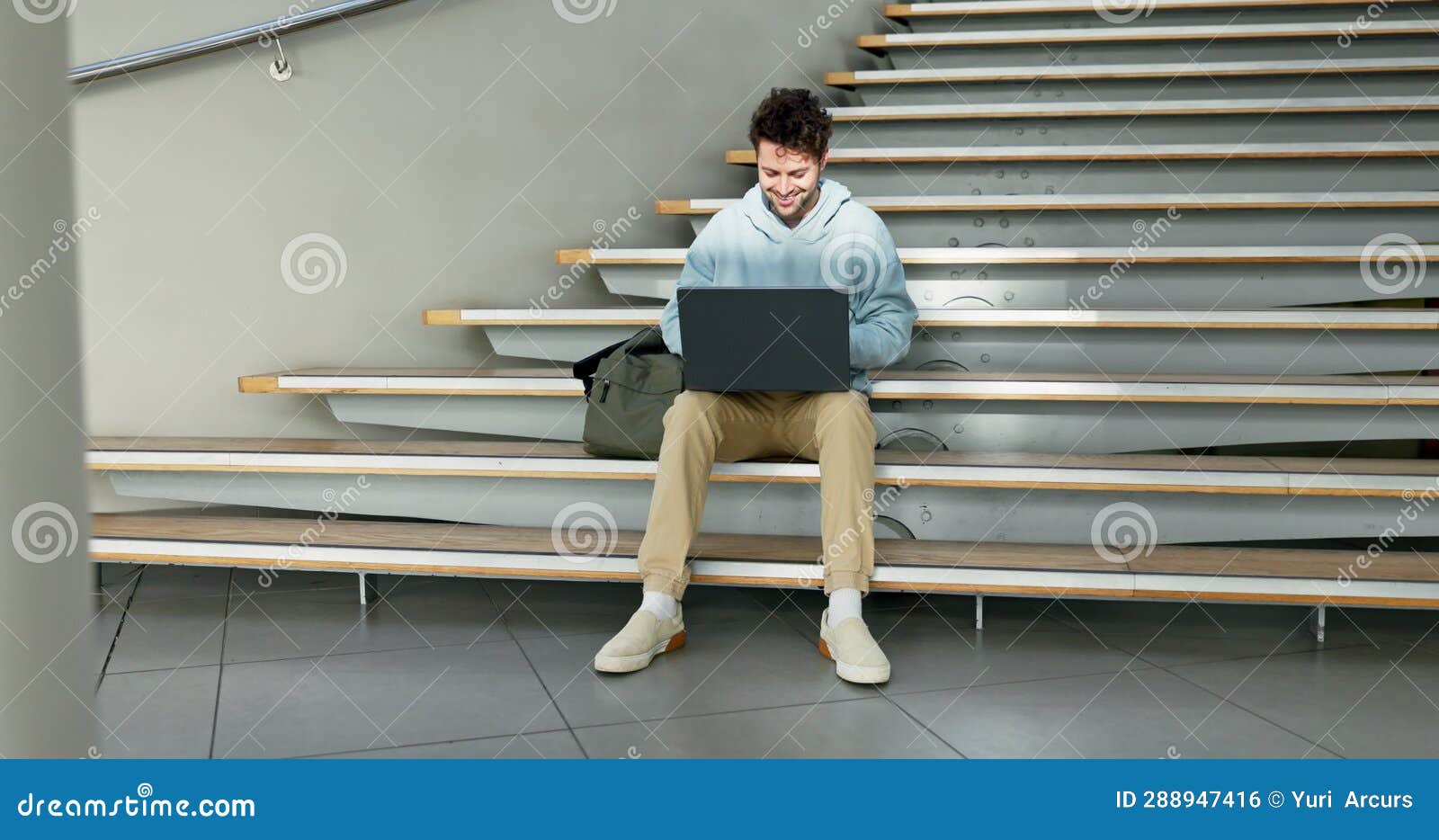 Laptop, Homework and Student Man on a Staircase at University for ...