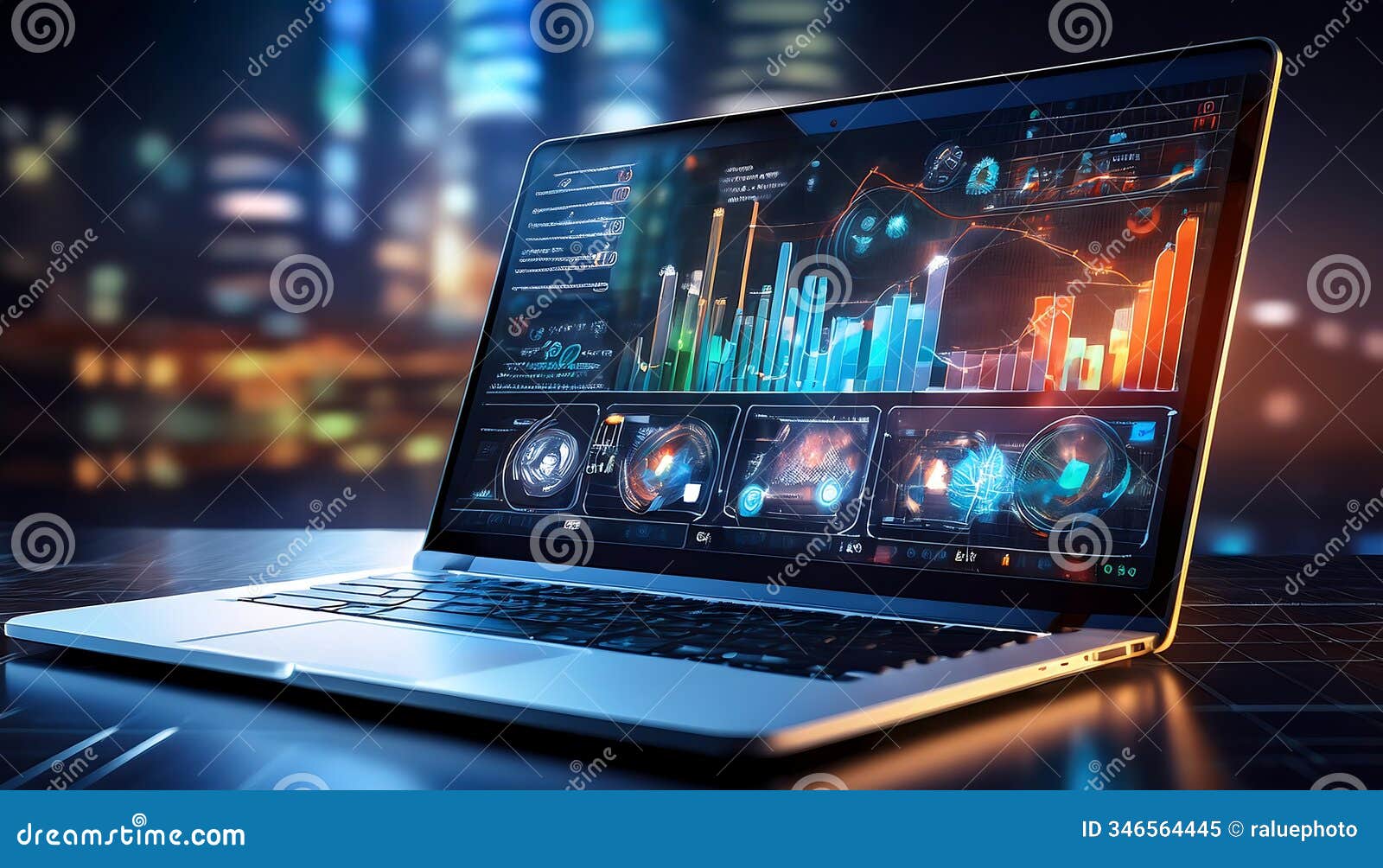 Laptop with Icons and Charts on the Screen, Highlighting Digital Data ...