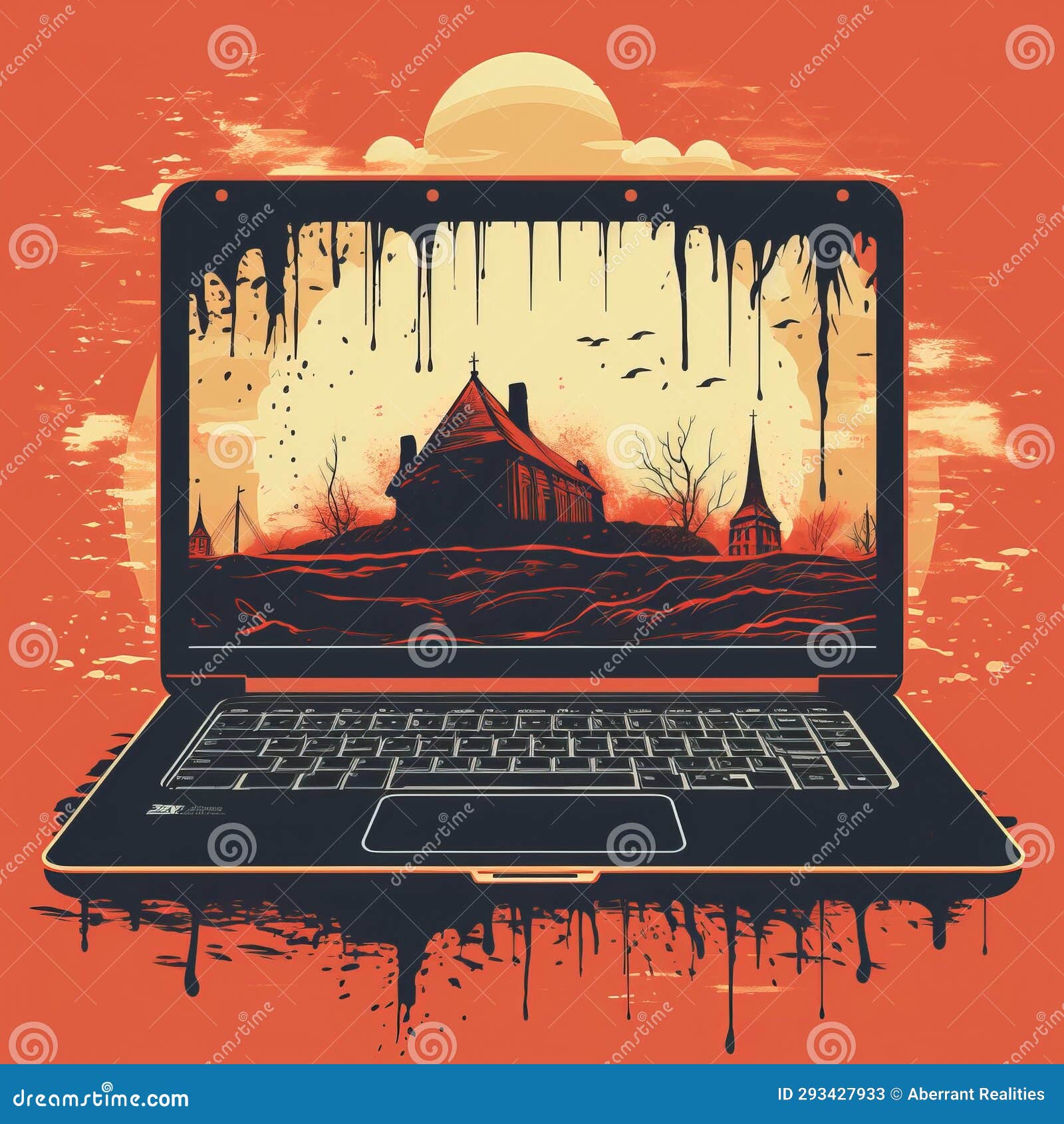 A Laptop with an Image of a Haunted House on it Stock Illustration ...