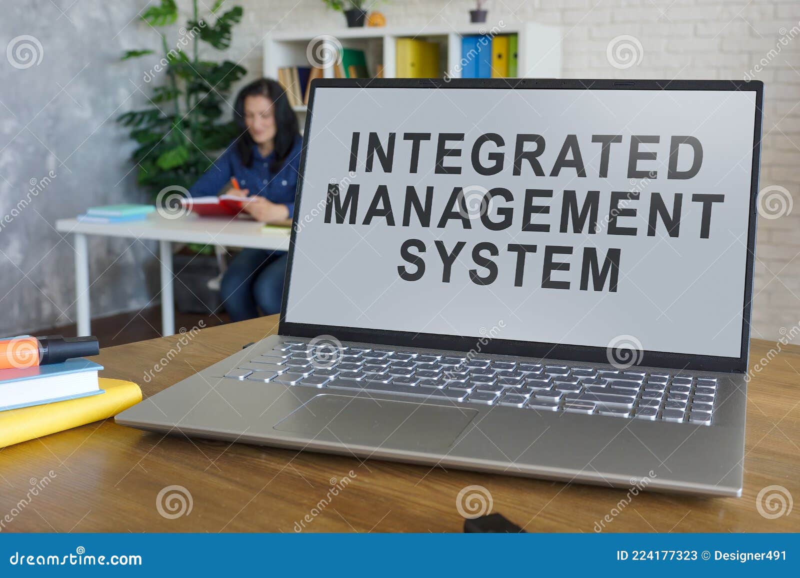 Laptop with Integrated Management System in Office. Stock Image - Image ...