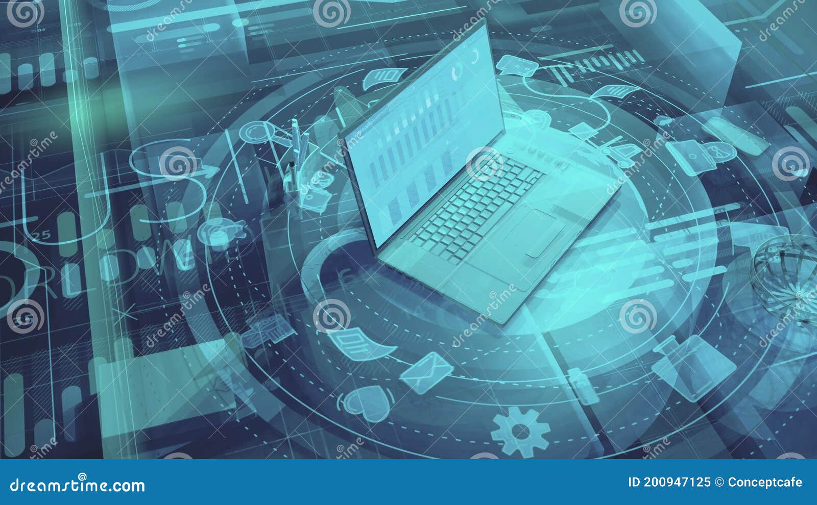 Laptop on an Interactive Table with Infographics. Stock Video - Video ...