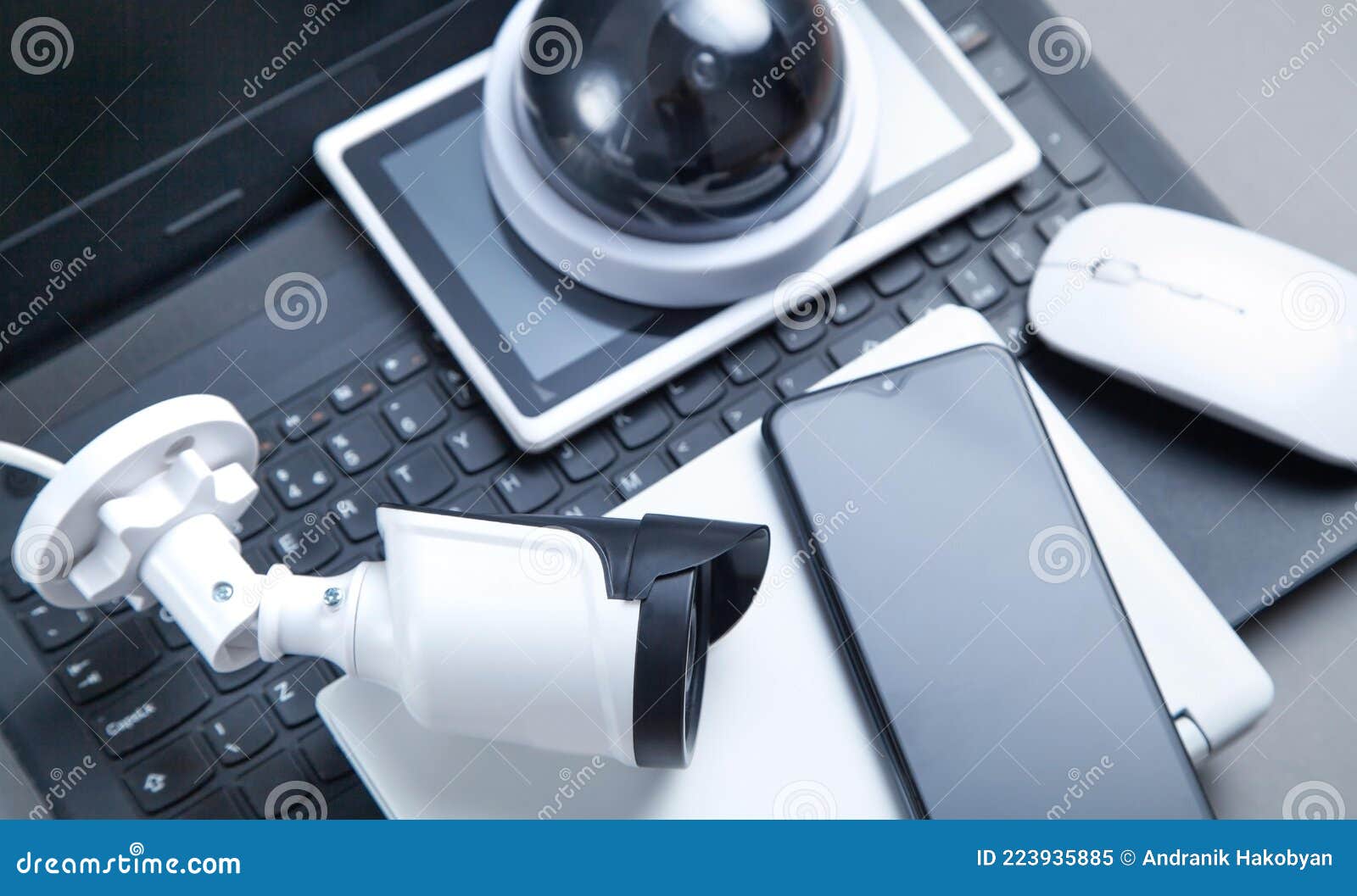 Laptop Keyboard, Smartphone, Security Camera, Tablet. Security Stock ...