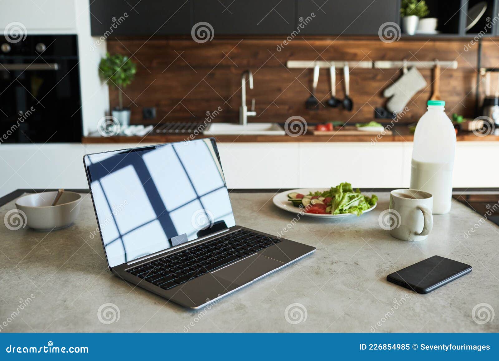 Laptop in Kitchen stock image. Image of room, loft, design - 226854985