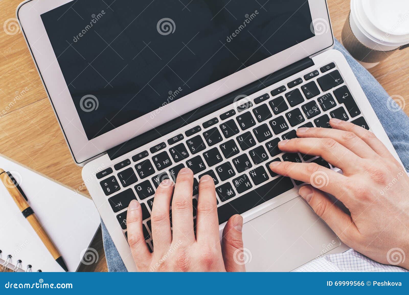 Laptop on lap stock photo. Image of mockup, copyspace - 69999566