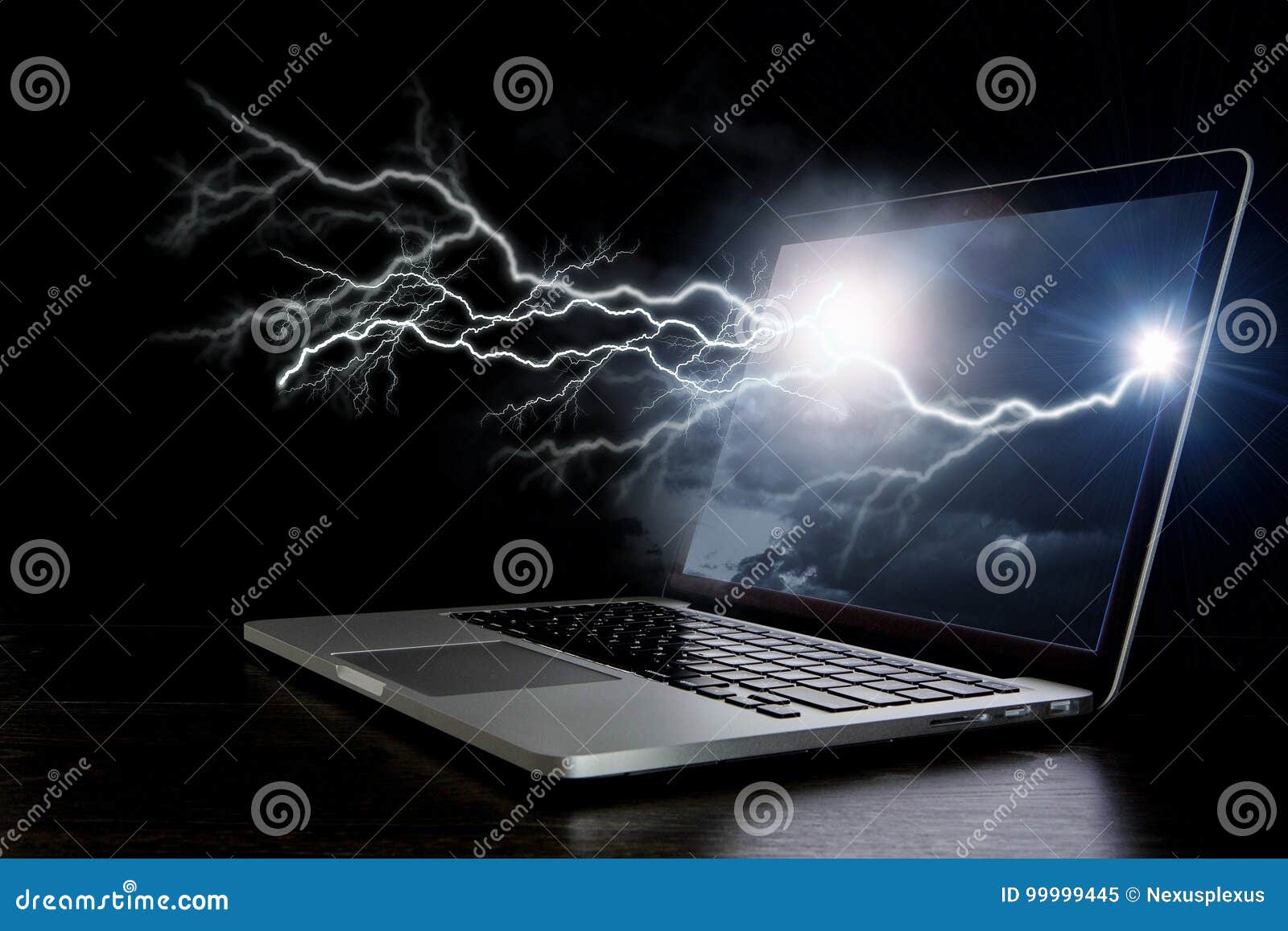 Laptop with Lightning. Mixed Media Stock Image - Image of button ...