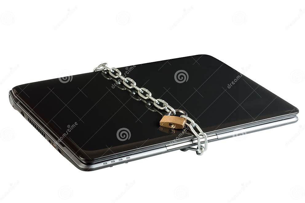Laptop lock with chains stock image. Image of business - 28498443
