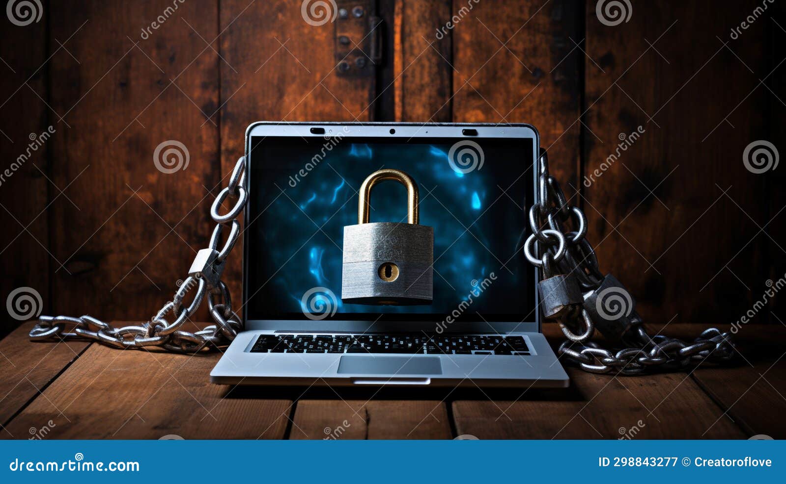 A Laptop Locked with Lock and Chains on Wooden Floor Stock Illustration ...