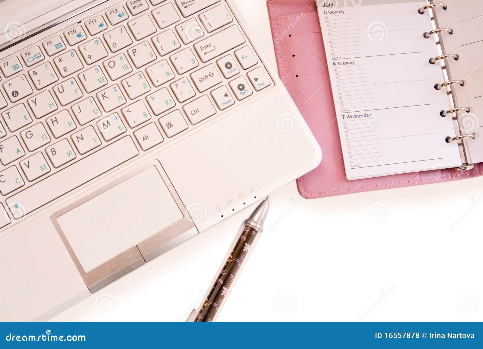 Laptop, daily log and pen stock photo. Image of event - 16557878