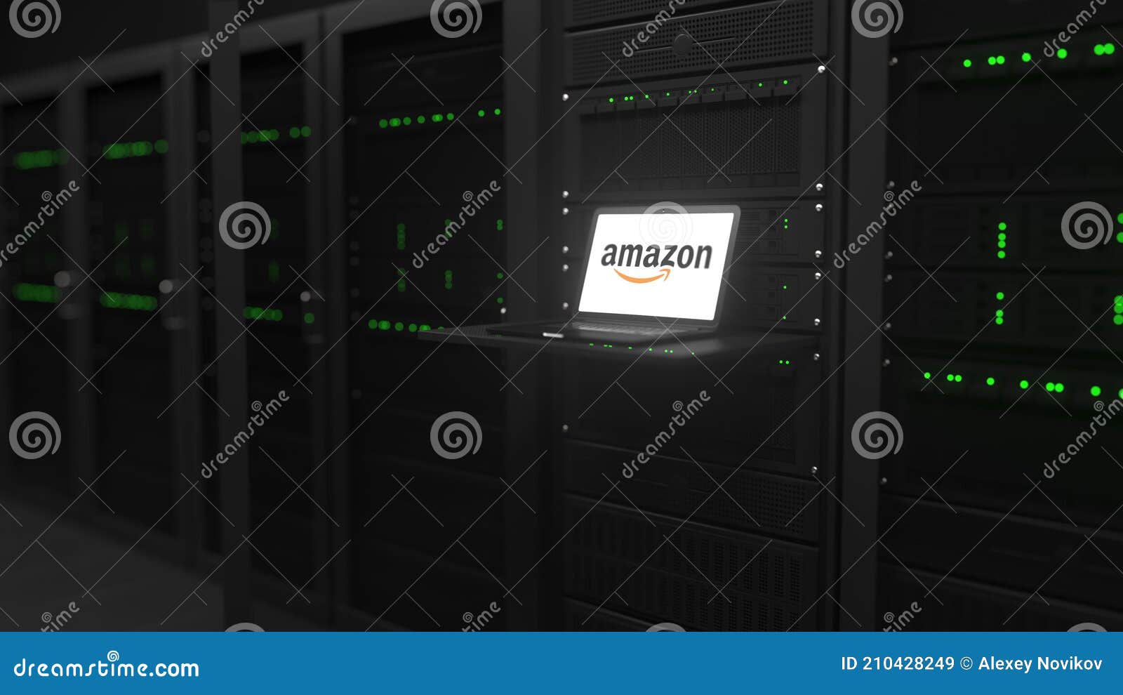 Laptop with the Logo of AMAZON on the Screen in a Server Room ...