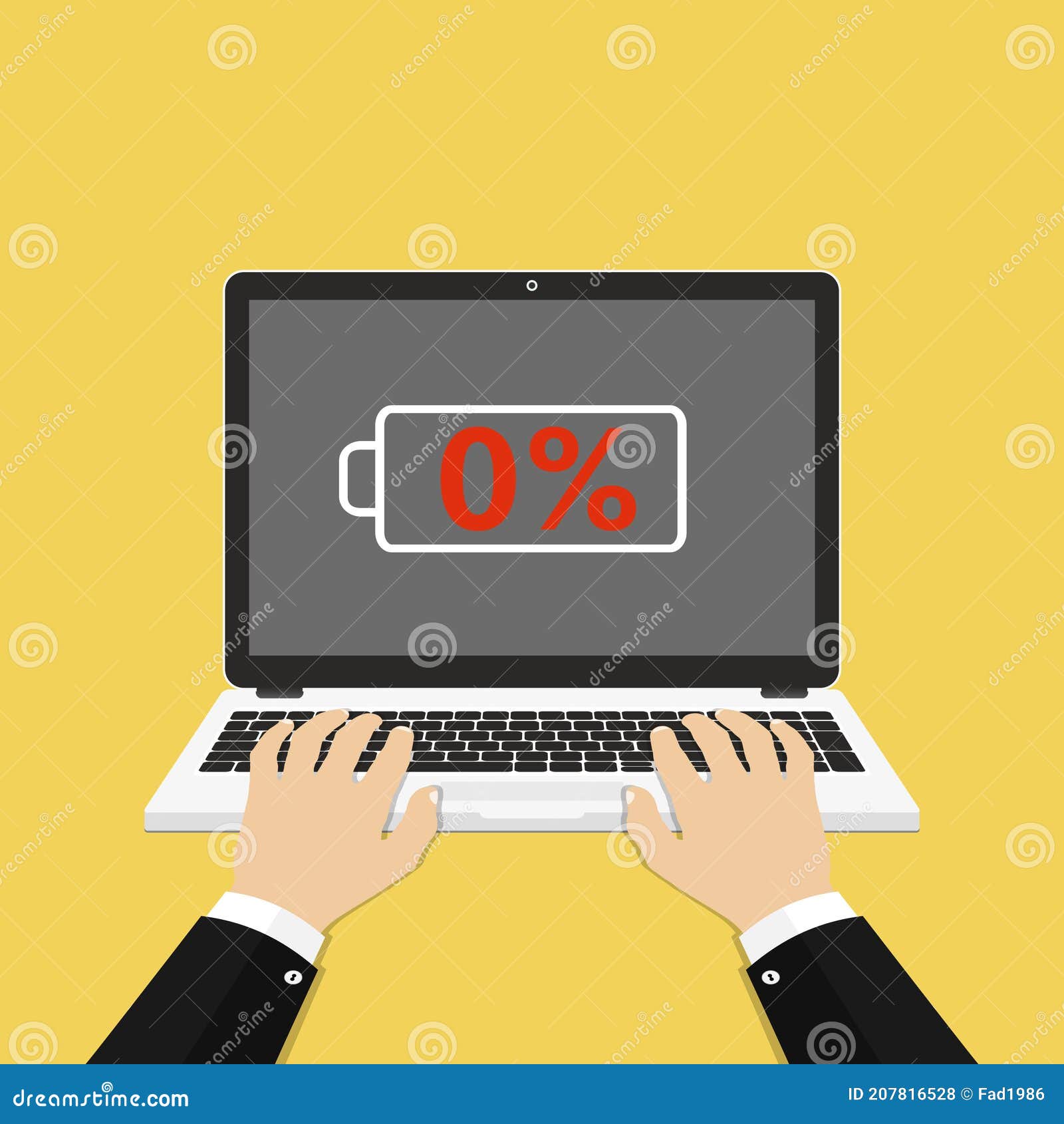 Laptop with Low Battery Sign on Screen. Hands on the Laptop Stock ...