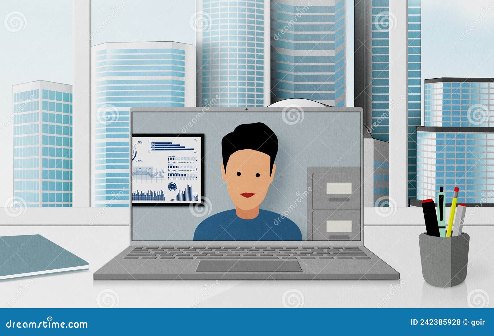 Laptop with man`s face stock illustration. Illustration of laptop ...