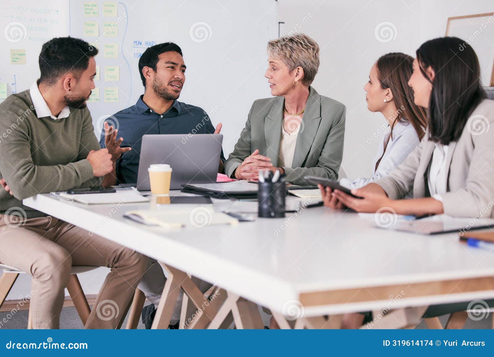 Laptop, Meeting and Problem Solving with Business People in Modern ...