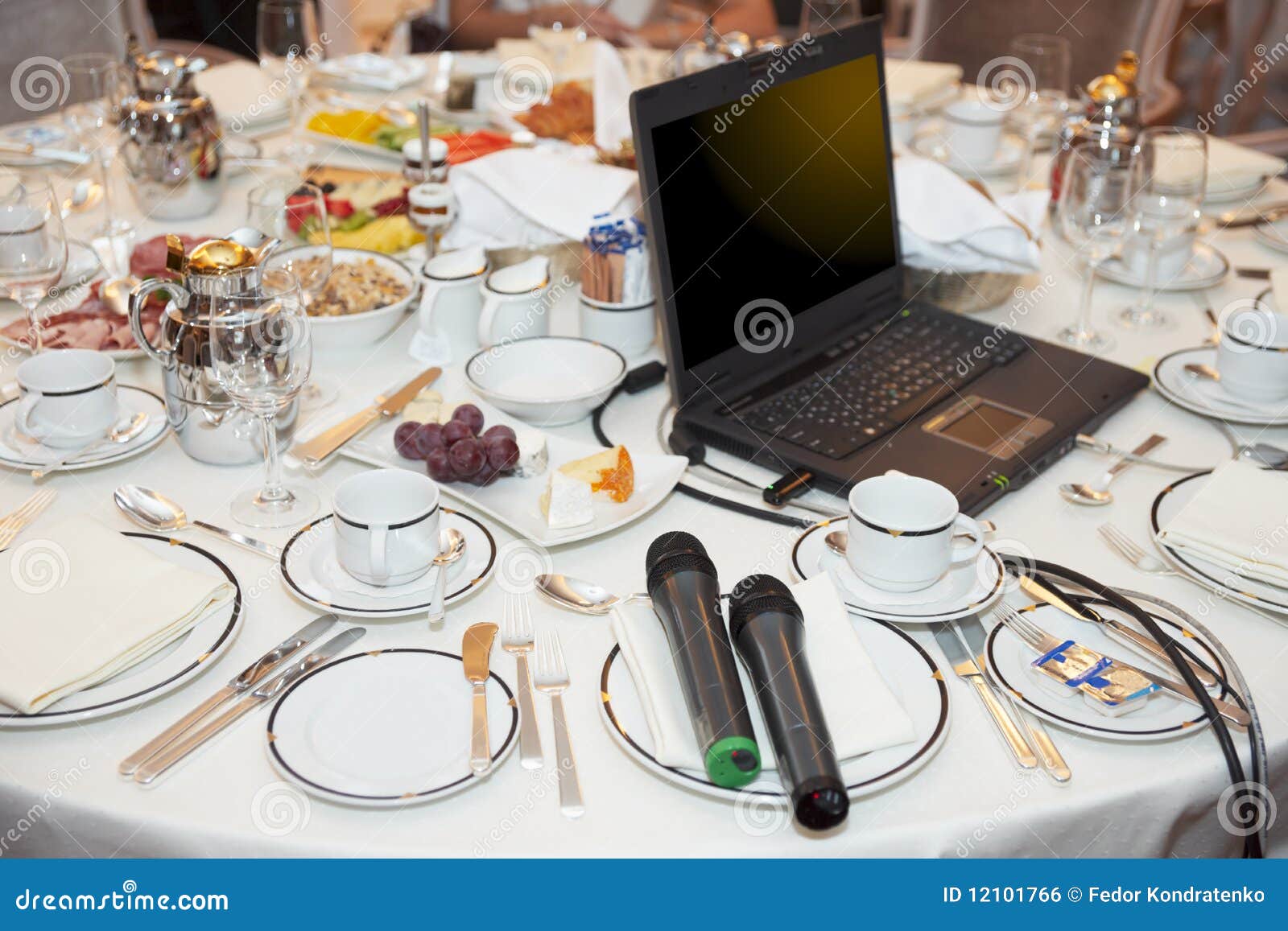 Laptop and Microphones on Restaurant Table Stock Photo - Image of ...