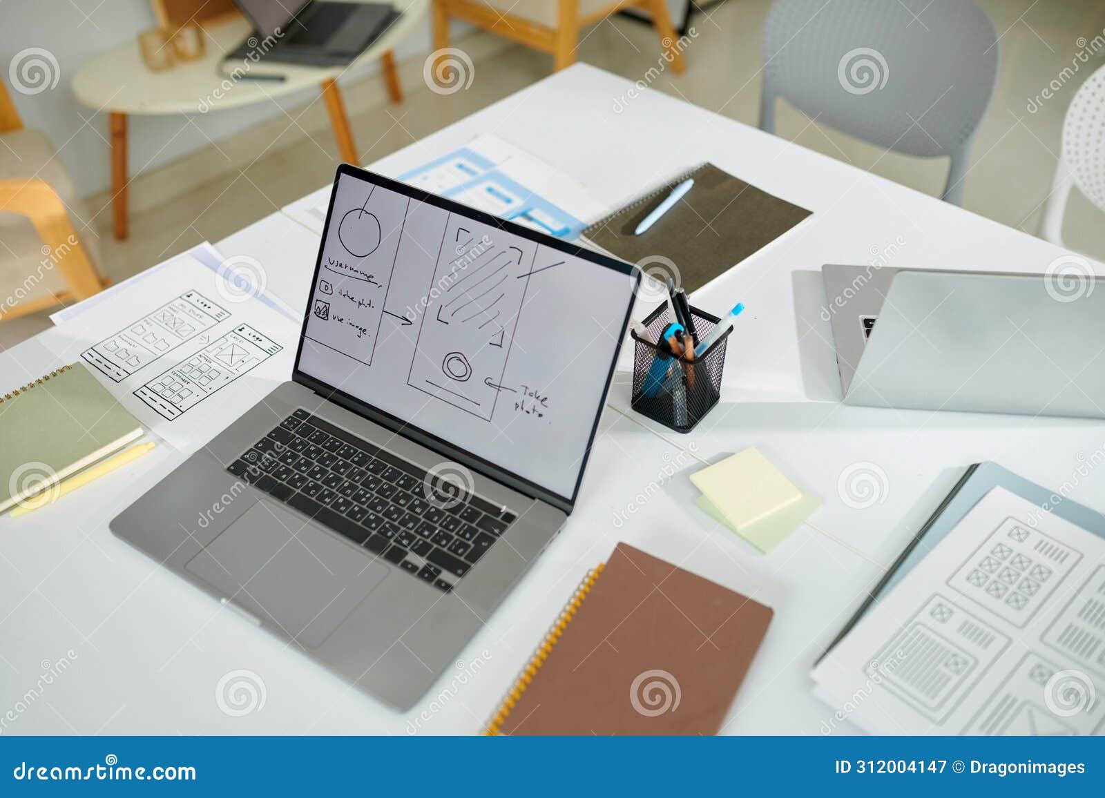 Laptop with Mobile App Wireframe Stock Image - Image of computer ...