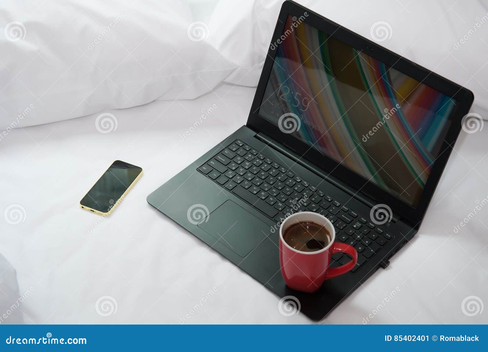 Laptop, Mobile Phone and a Cup of Coffee Stock Image - Image of white ...