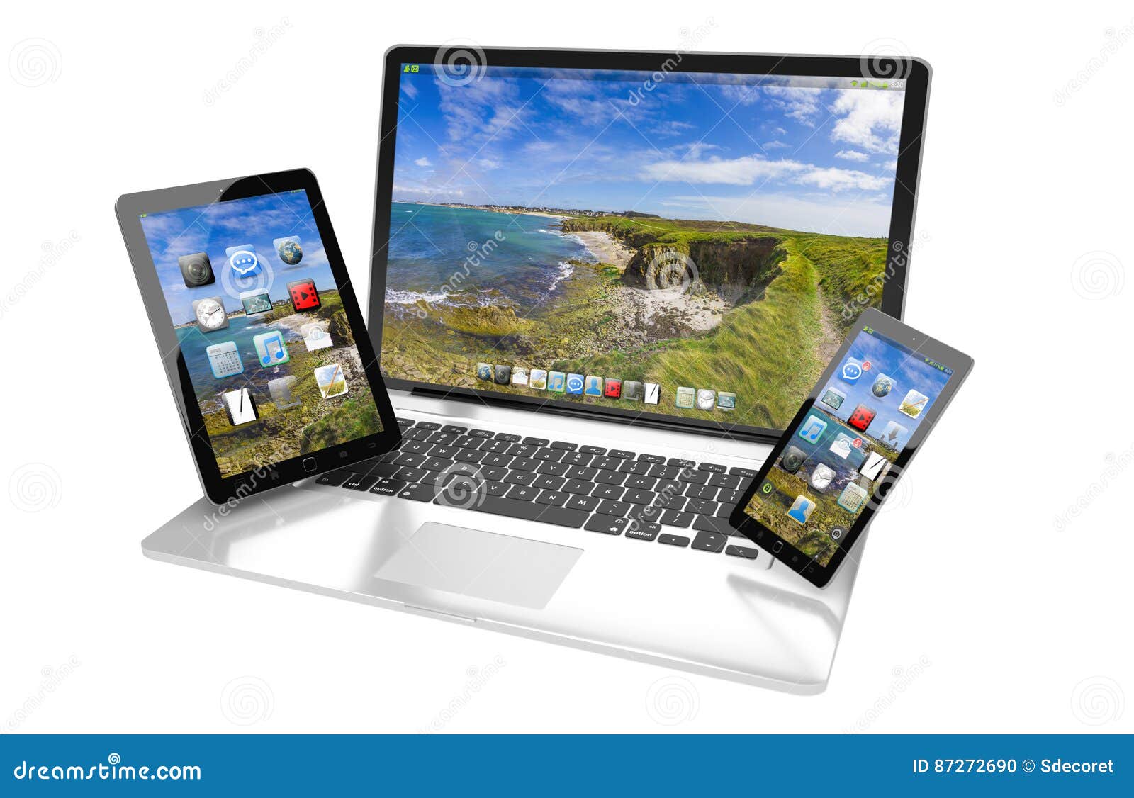 Laptop Mobile Phone and Tablet Connected To Each Other 3D Render Stock ...
