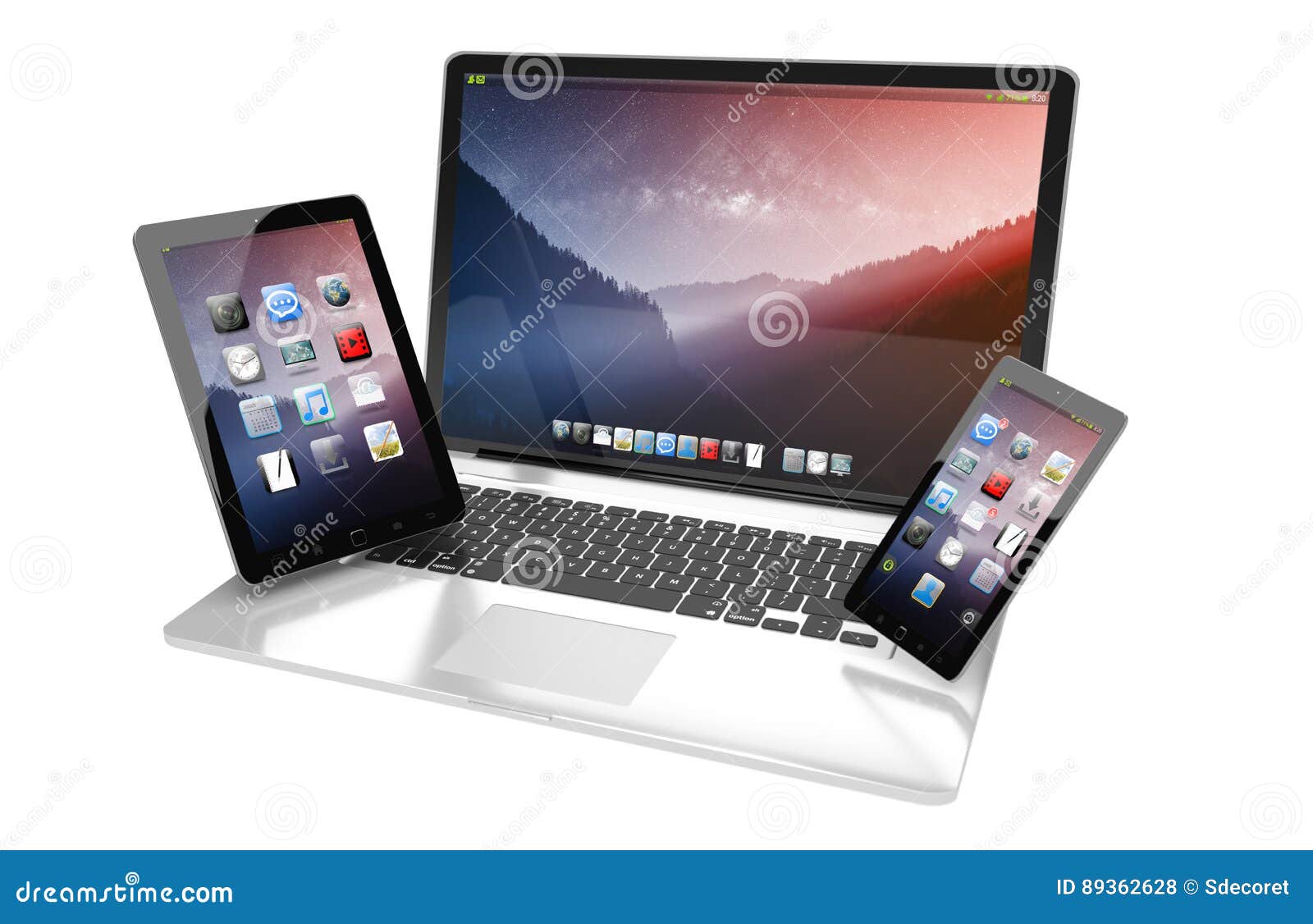 Laptop Mobile Phone and Tablet Connected To Each Other 3D Render Stock ...