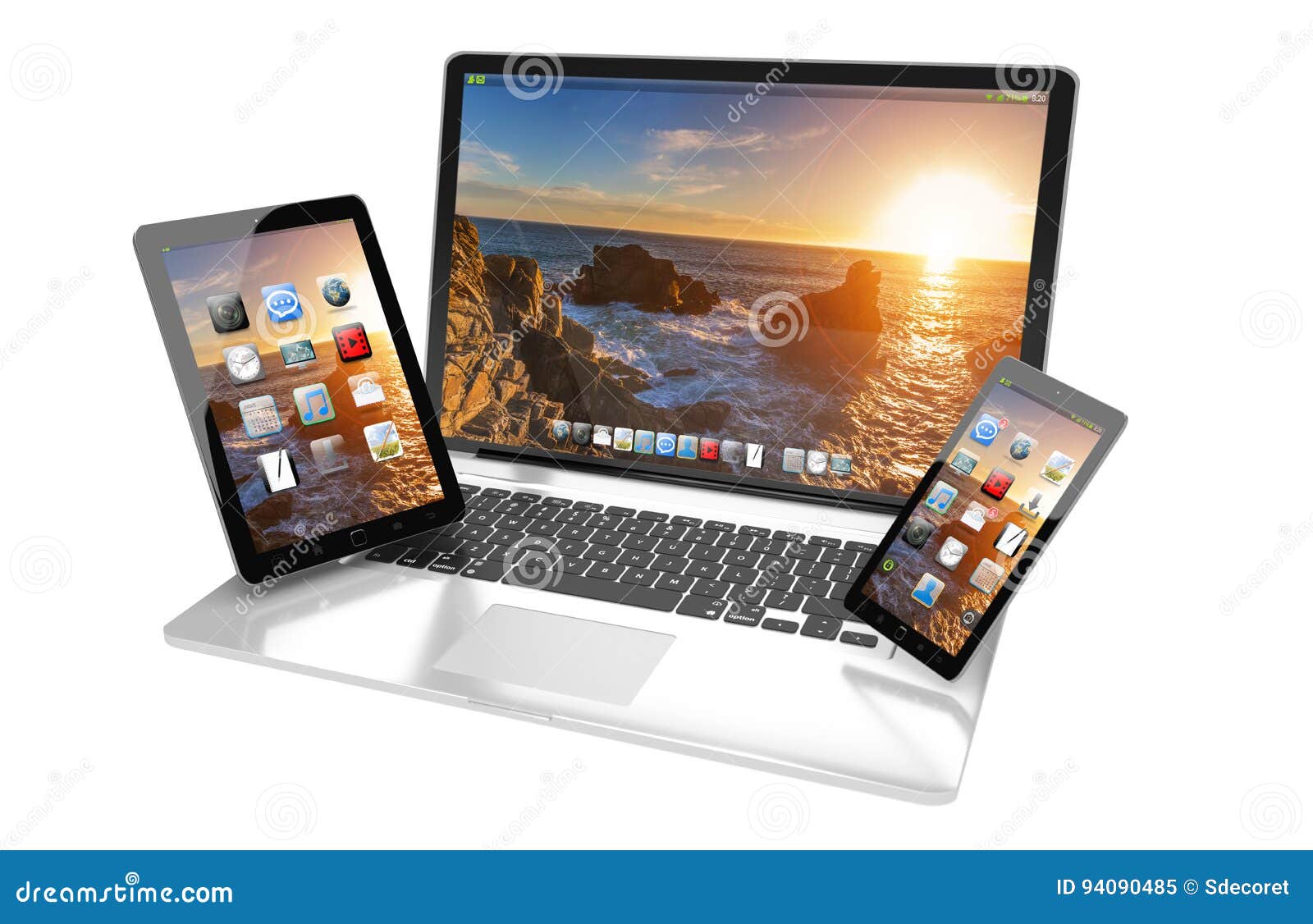 Laptop Mobile Phone and Tablet Connected To Each Other 3D Render Stock ...