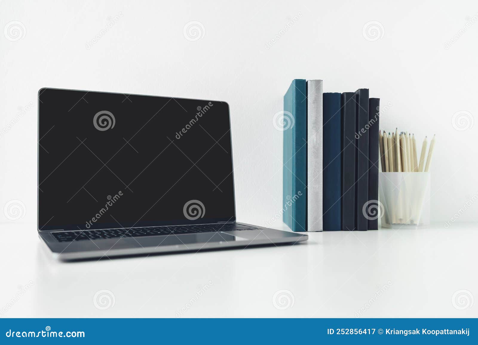 Laptop Mock Up with Blank or Empty Screen with Book or Textbook Stack ...