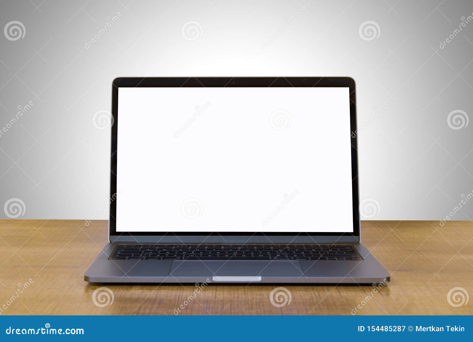 Front View of the Laptop Mockup is on the Wooden Work Table, Isolated ...
