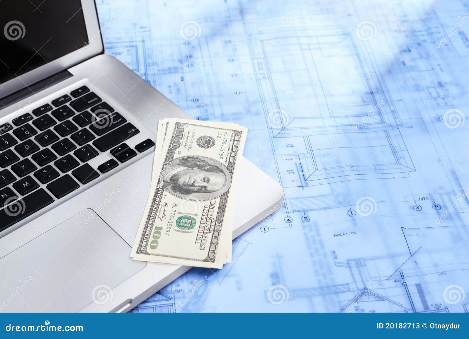 Laptop, Money and Blueprint Stock Image - Image of rolled, work: 20182713