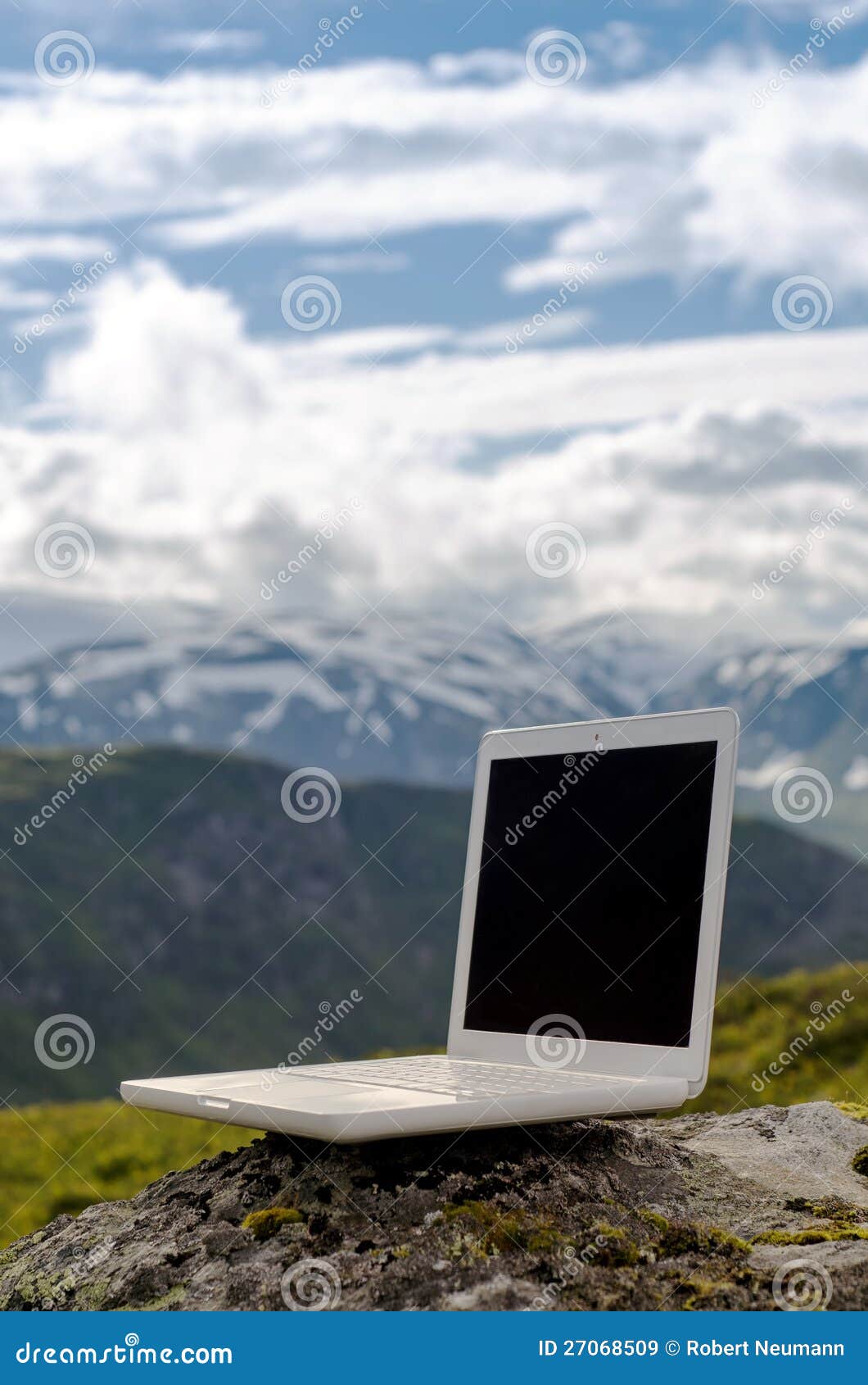 Laptop before Mountain Landscape Stock Image - Image of loneliness ...