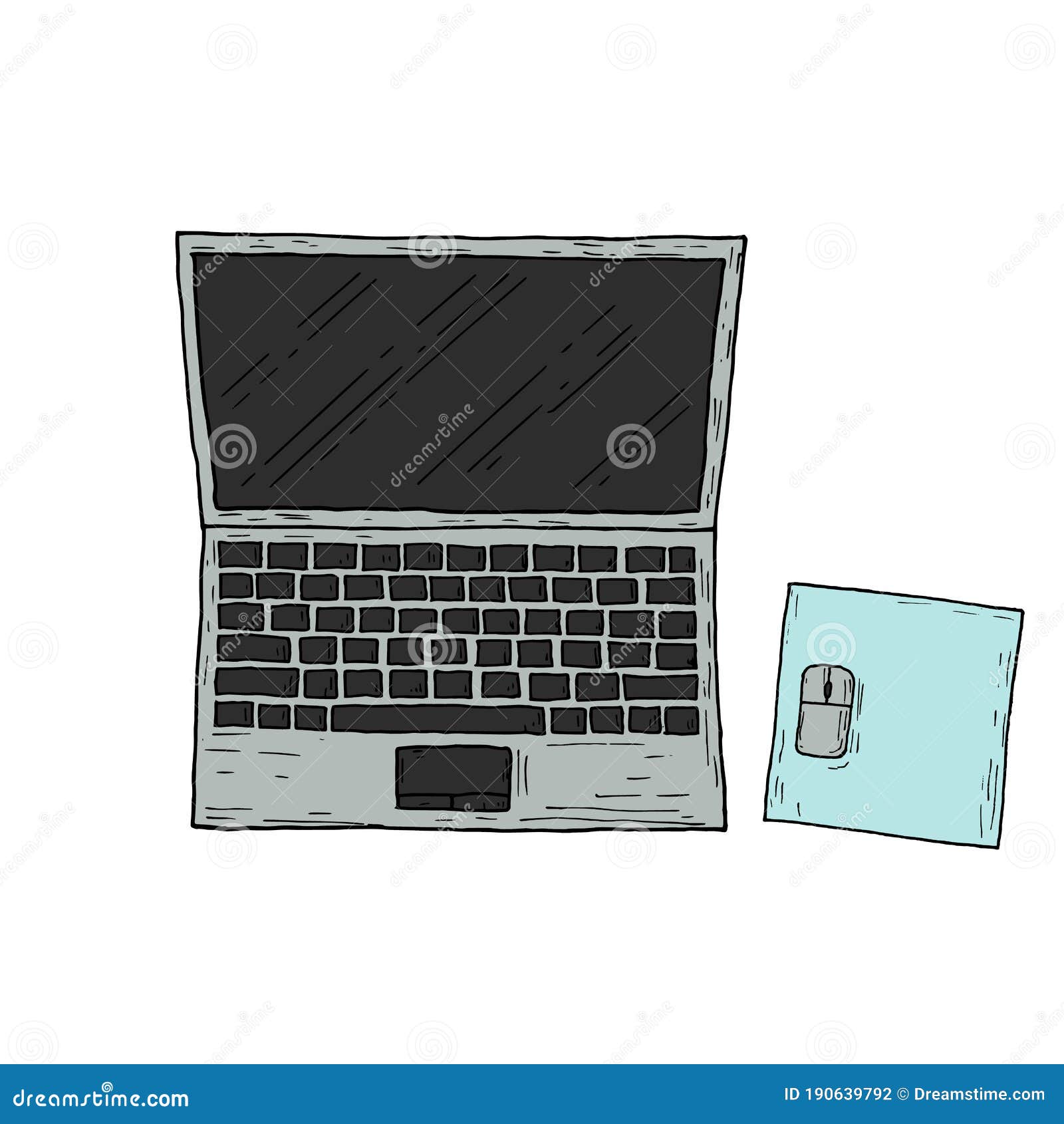 Laptop and Mouse. Vector Cartoon Illustration. Hand-drawn Style. Top ...
