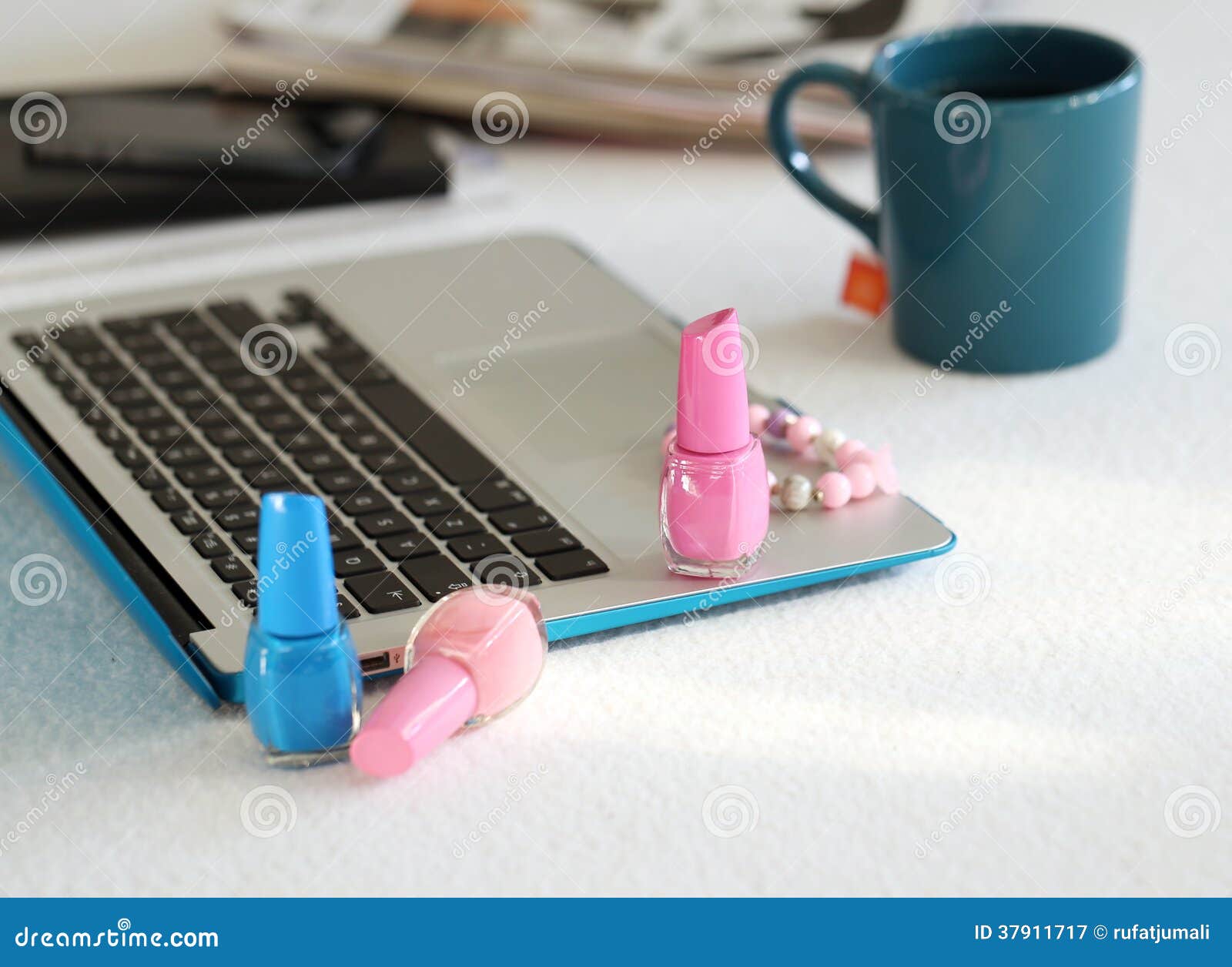 Laptop, Mug and Nail Polish Stock Image - Image of notepad, desktop ...