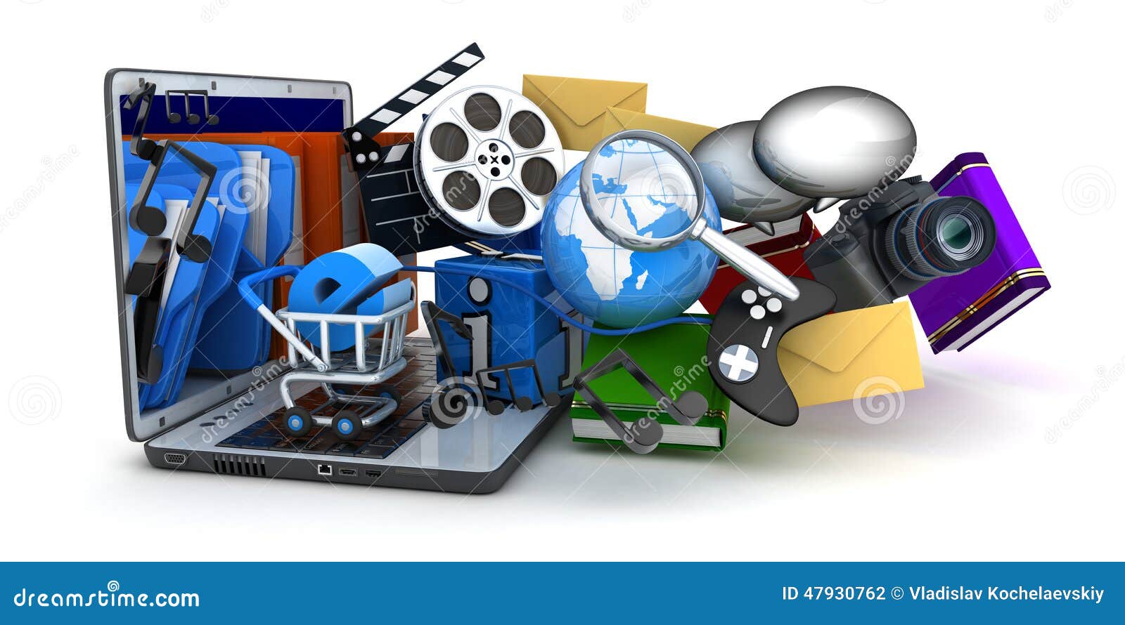 Laptop and multimedia stock illustration. Illustration of book - 47930762