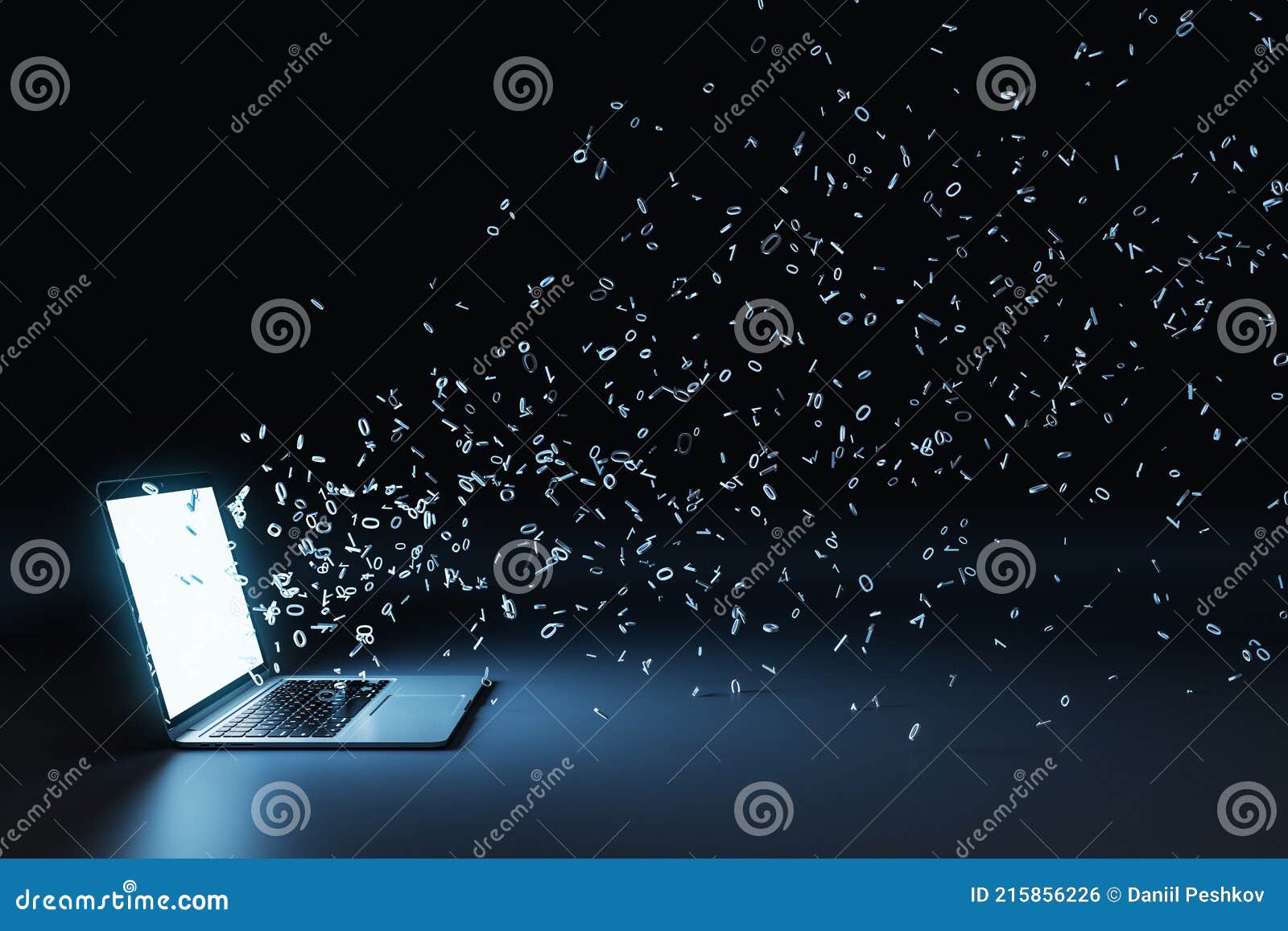 Laptop With Multipe Particles Flow Coming Out From The Glowing White ...
