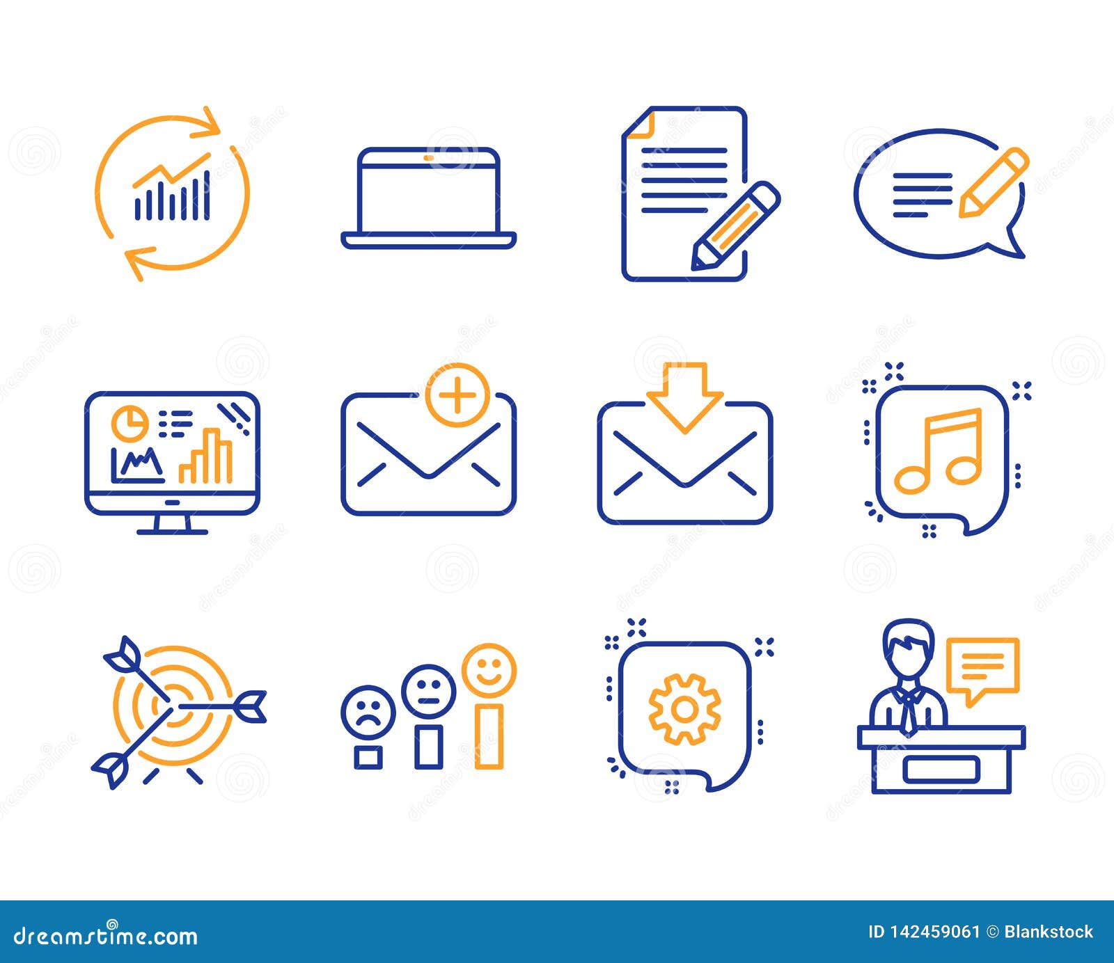Laptop, Musical Note and Customer Satisfaction Icons Set. New Mail ...