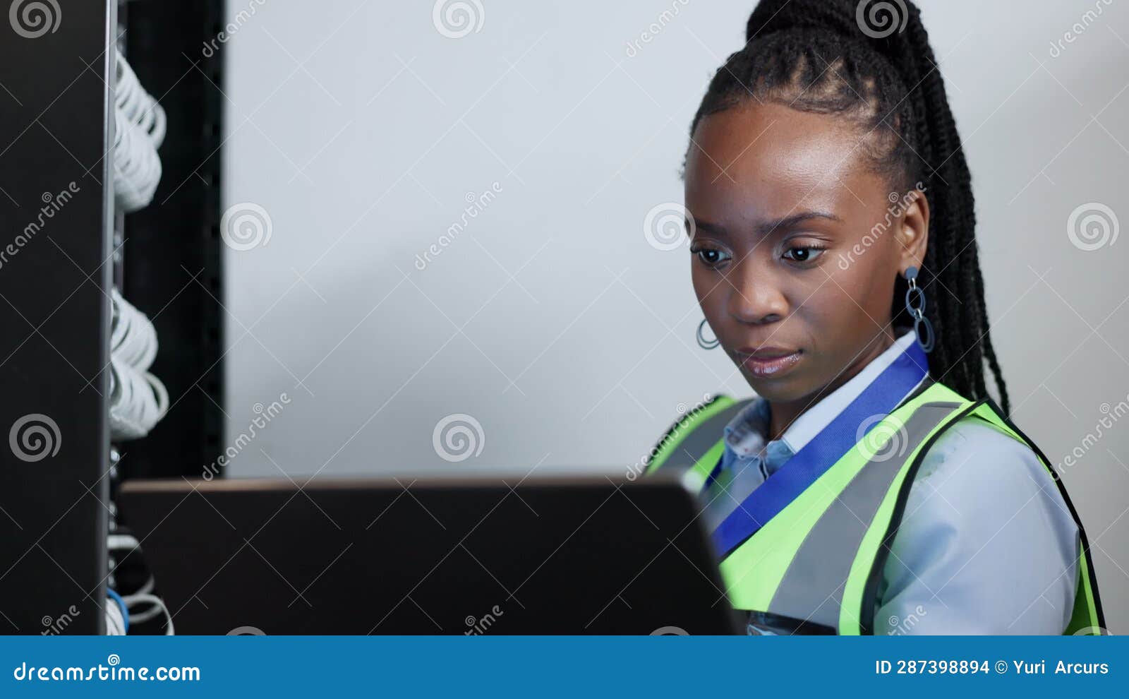 Laptop, Network or Black Woman in Server Room for it Support Engineer ...