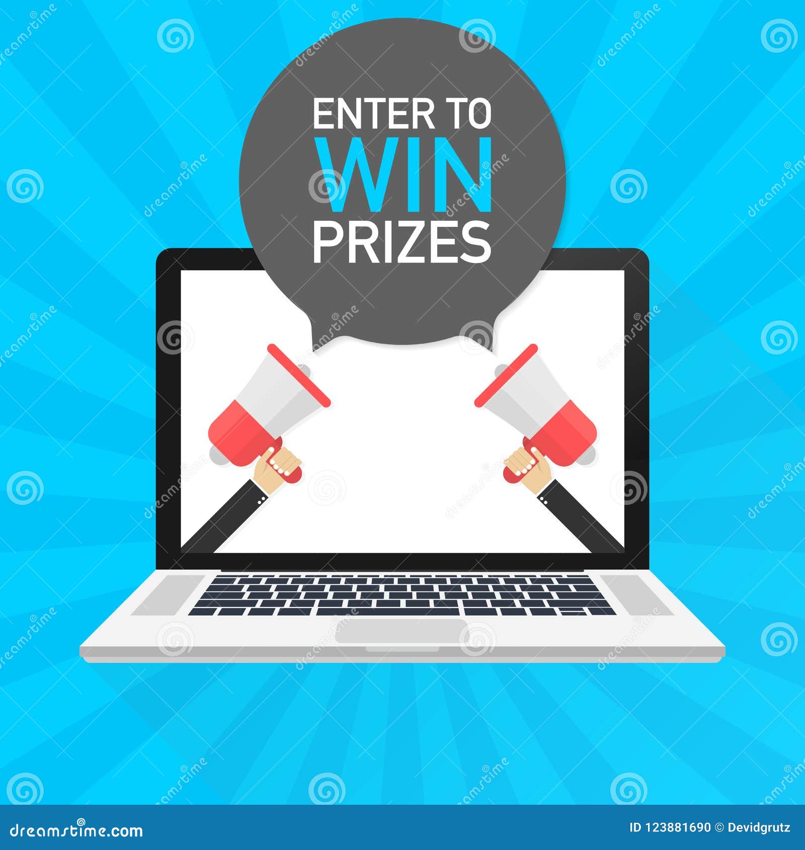 Laptop Notebook Computer Screen. Hand Holding Megaphone. Enter To Win ...
