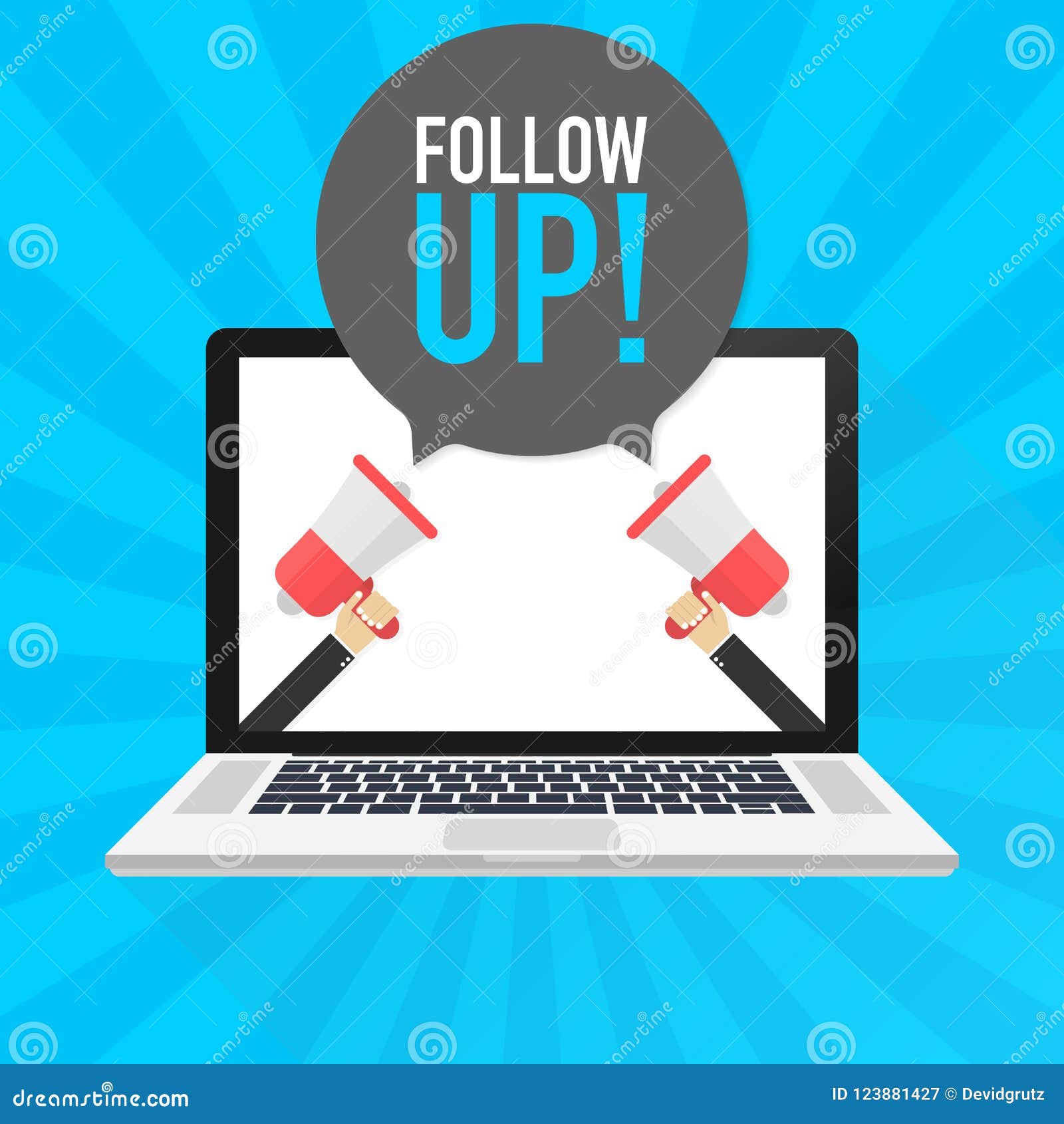 Laptop Notebook Computer Screen. Hand Holding Megaphone. Follow Up ...