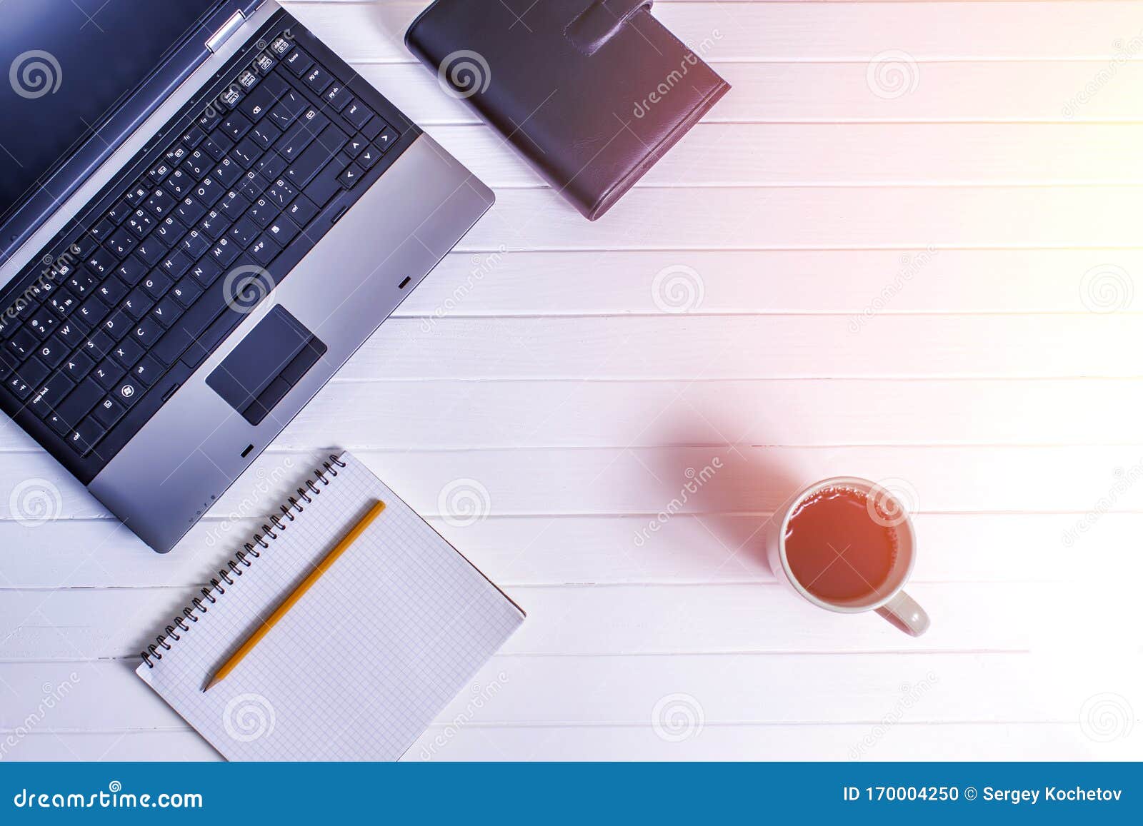 Laptop, Notebook with Cup of Coffee and Notepad with Pen on White ...