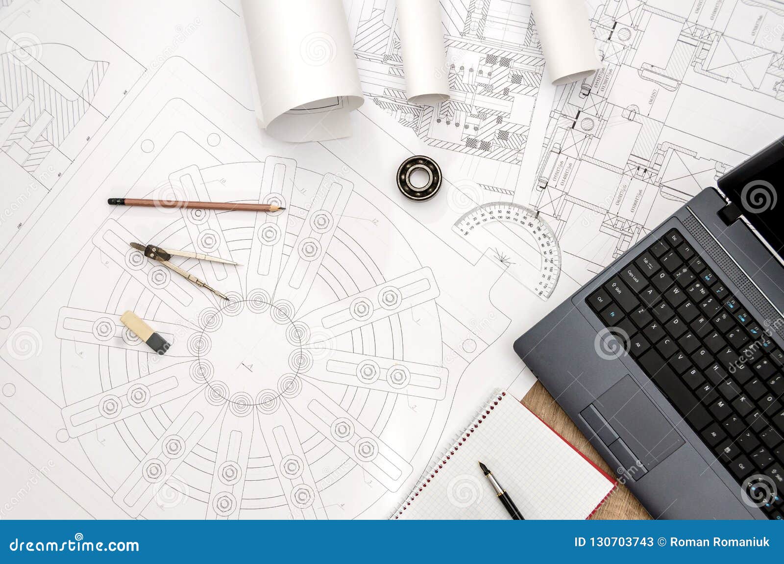 Laptop, Notebook on the Engineering Drawing. Stock Image - Image of ...