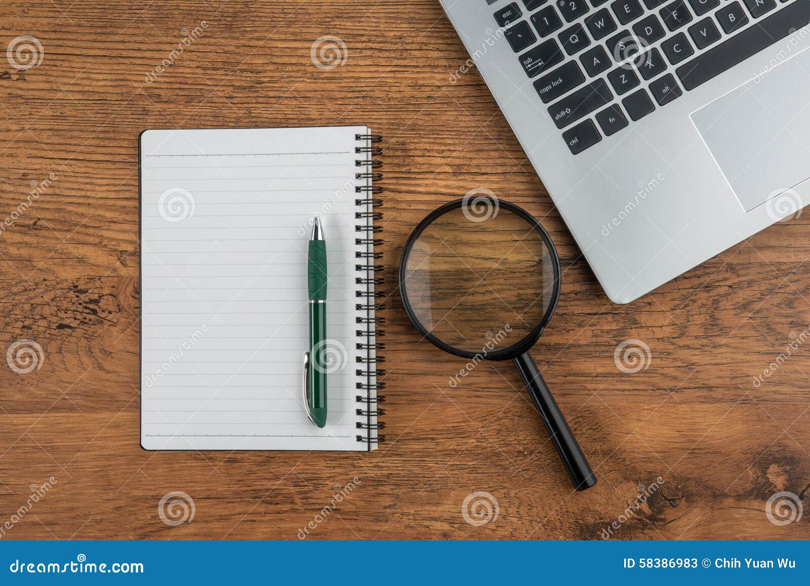 Laptop, Notebook and Magnifying and Pen on Work Desk Stock Image ...