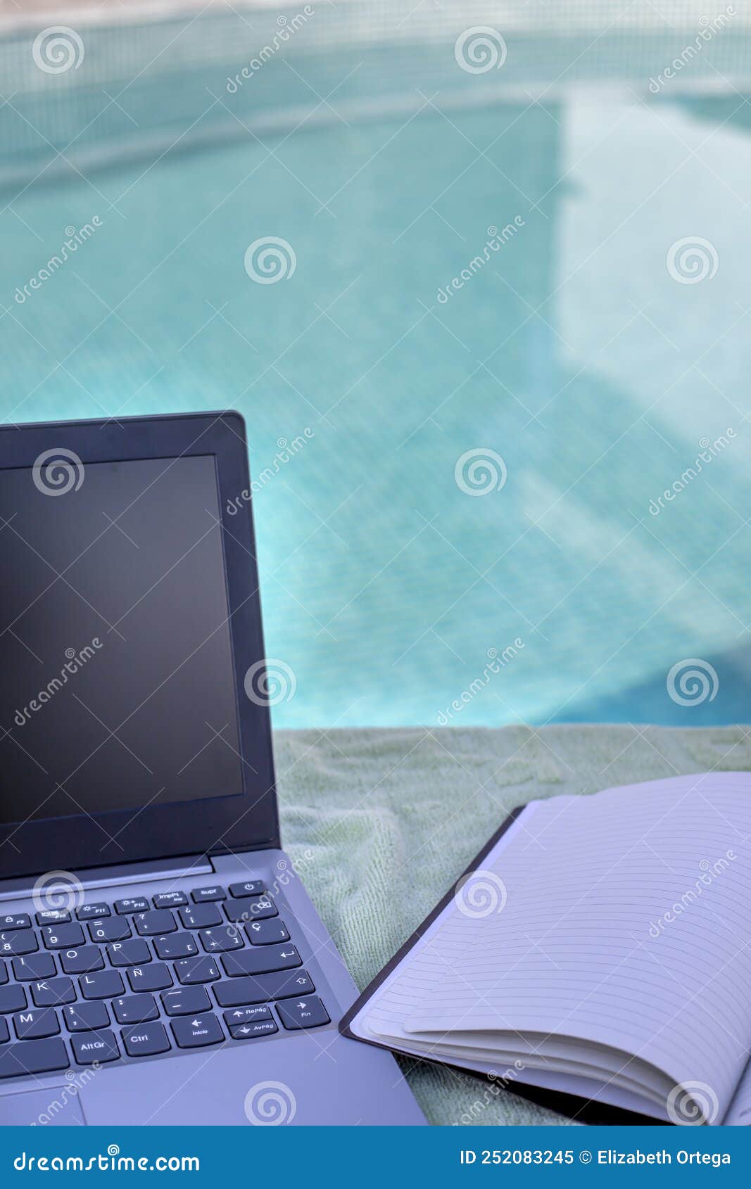 Laptop and Notebook on a Towel by the Pool, Pool Office Stock Image ...