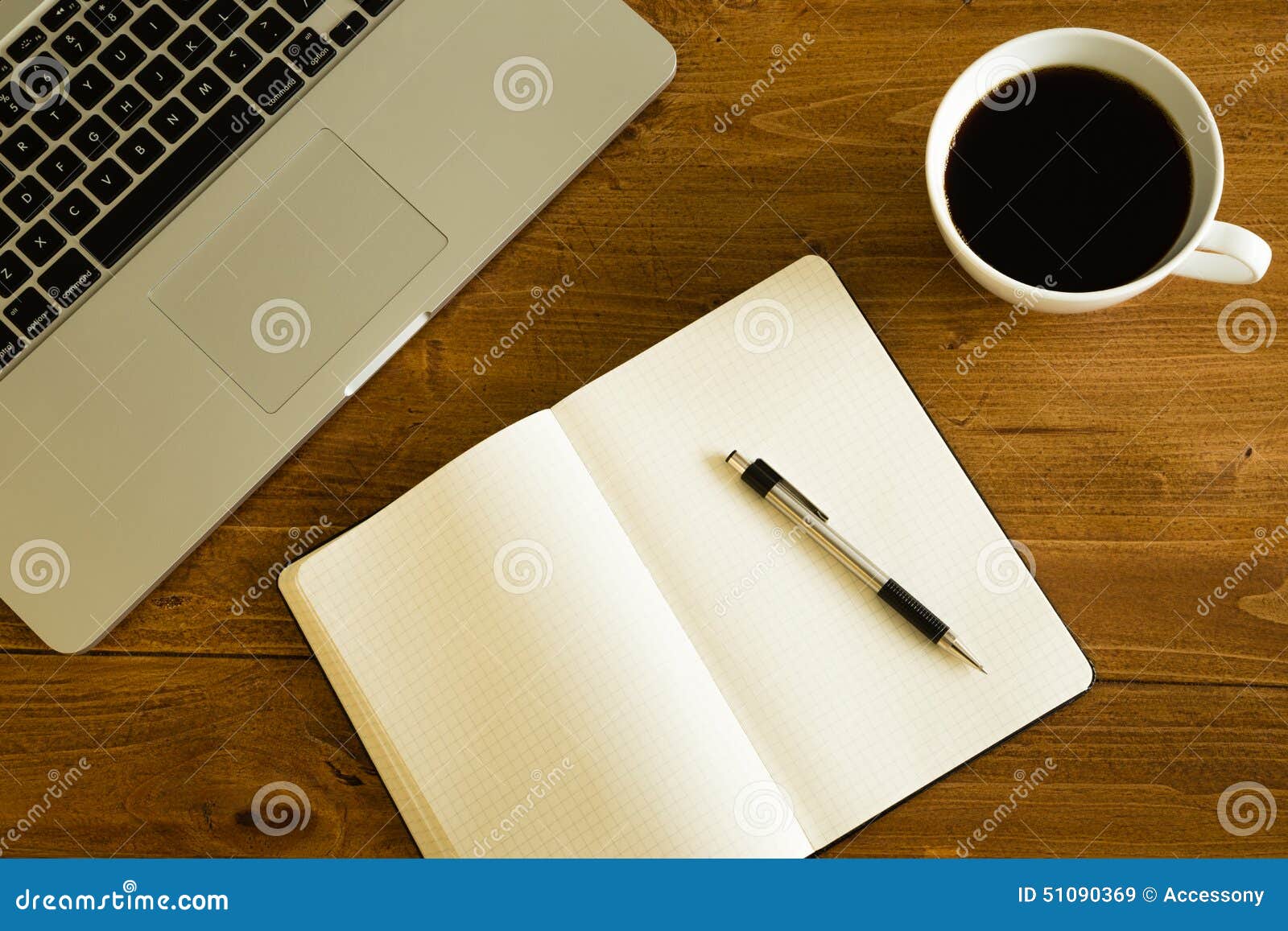 Laptop, Notepad and Coffee Cup on Wood Table Stock Image - Image of ...
