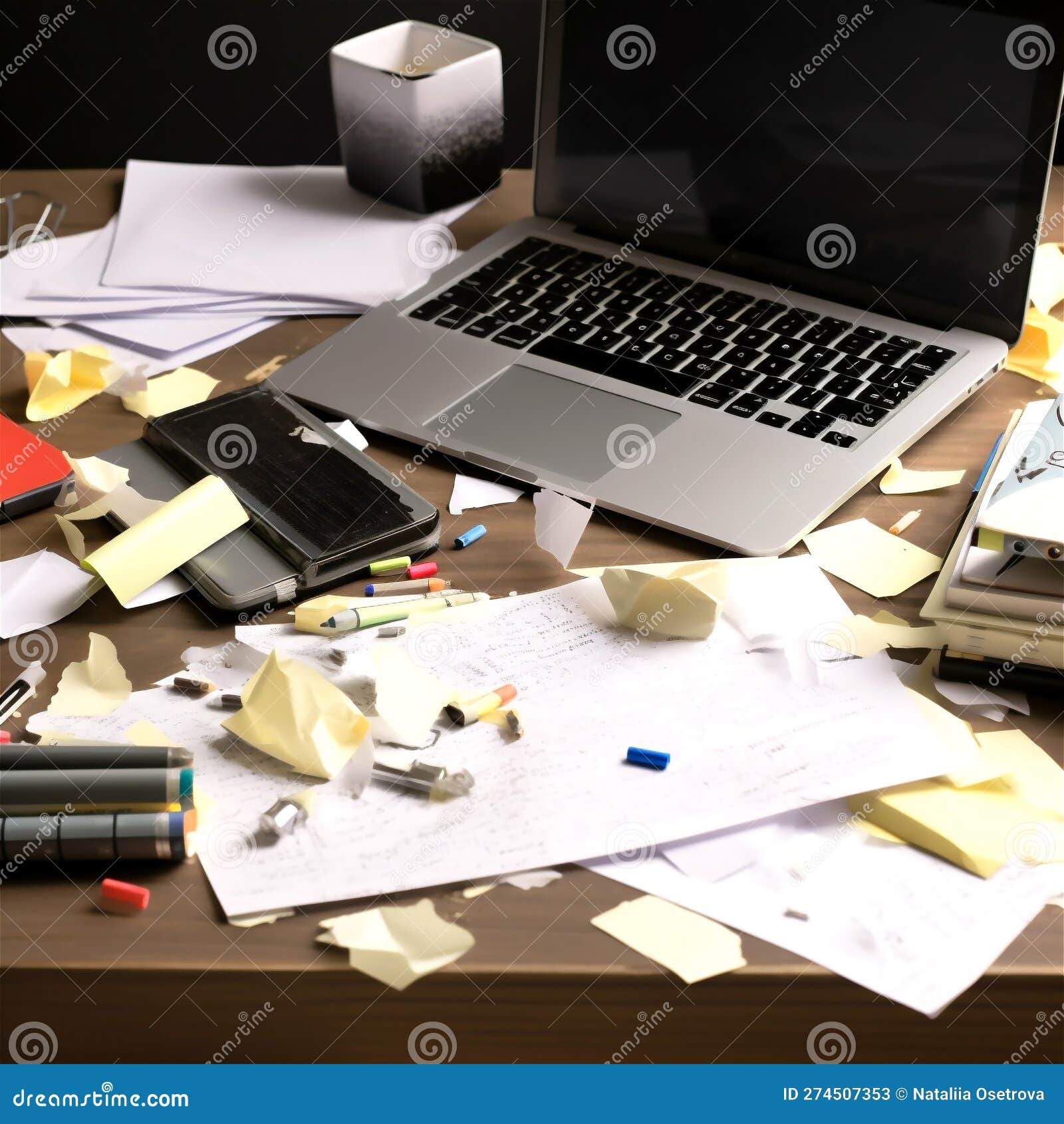 Laptop, Notes and Office Stationery in Mess on Desk. Overwhelmed with ...