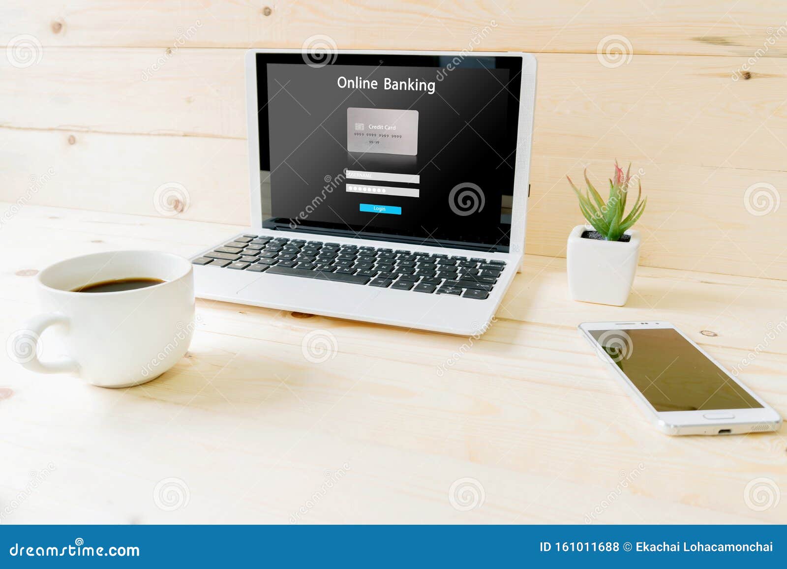 Laptop Online Banking on Wood Stock Photo - Image of note, coffee ...