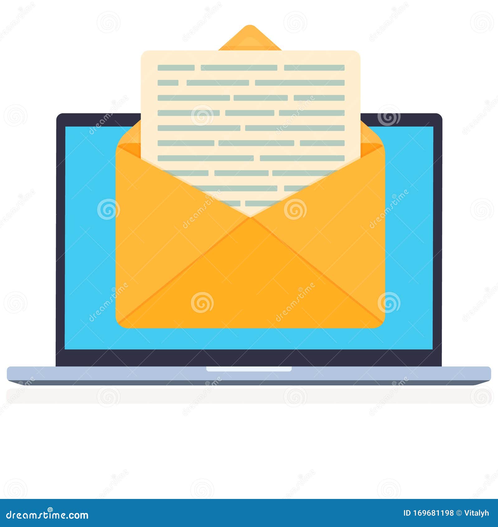 Laptop with Open Envelope and Document on Screen Flat Vector ...