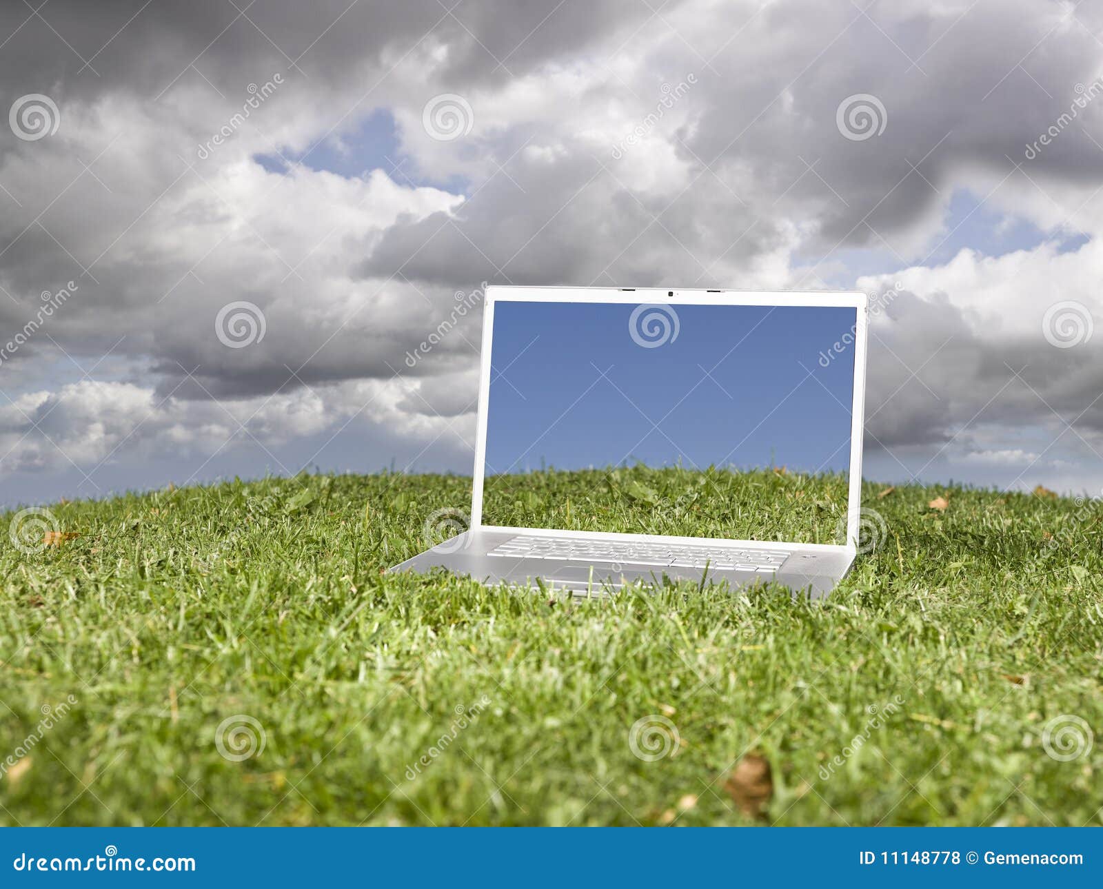 Laptop Outdoors on a Green Field Stock Photo - Image of global ...