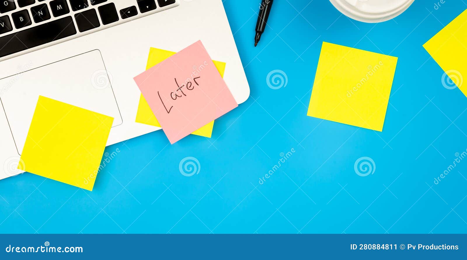 Laptop Computer with Many Sticky Notes on a Blue Background, Flat Lay ...