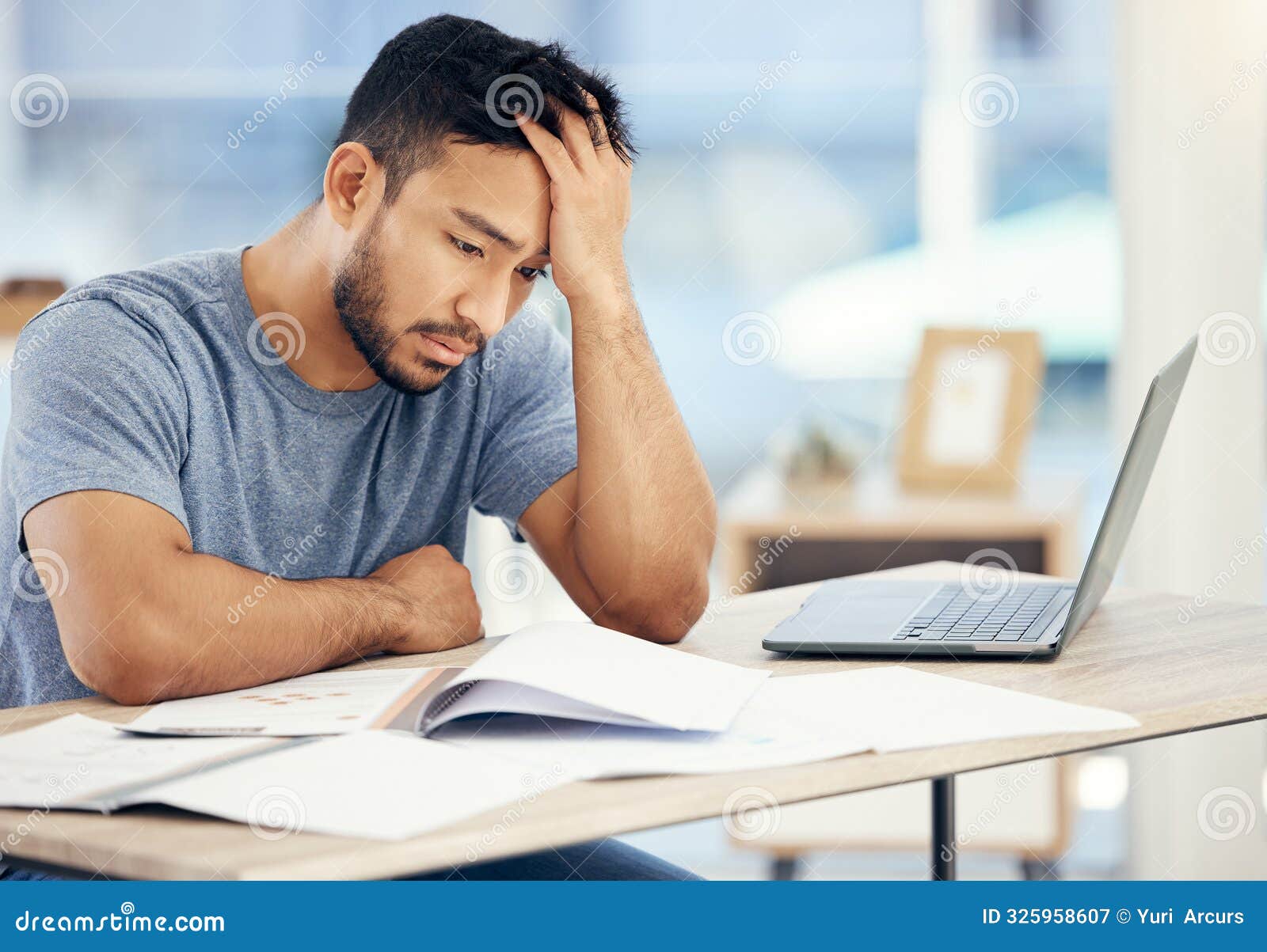 Laptop, Paperwork and Business Man with Stress for Work Mistake ...