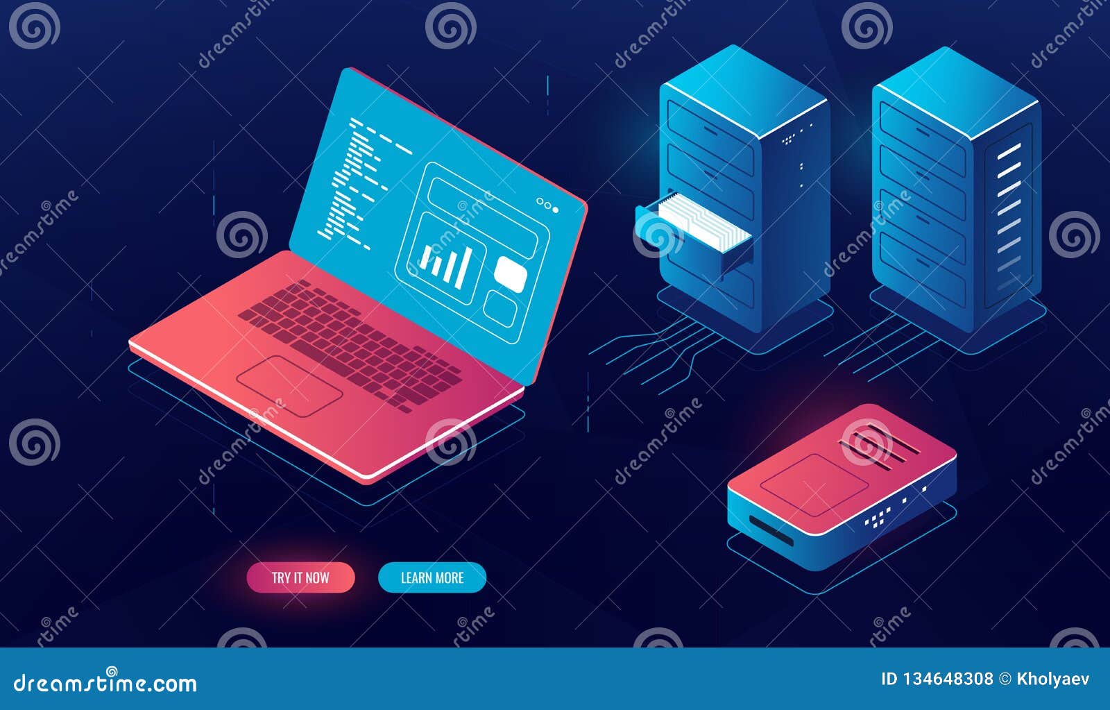 Laptop Pc with Data Processing on Screen, Cloud Computing, Isometric ...